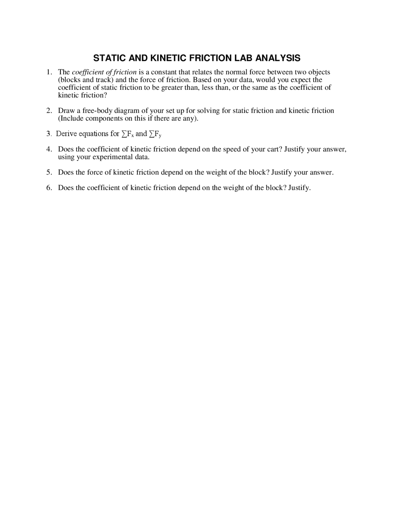 Static And Kinetic Friction Lab Analysis Docsity