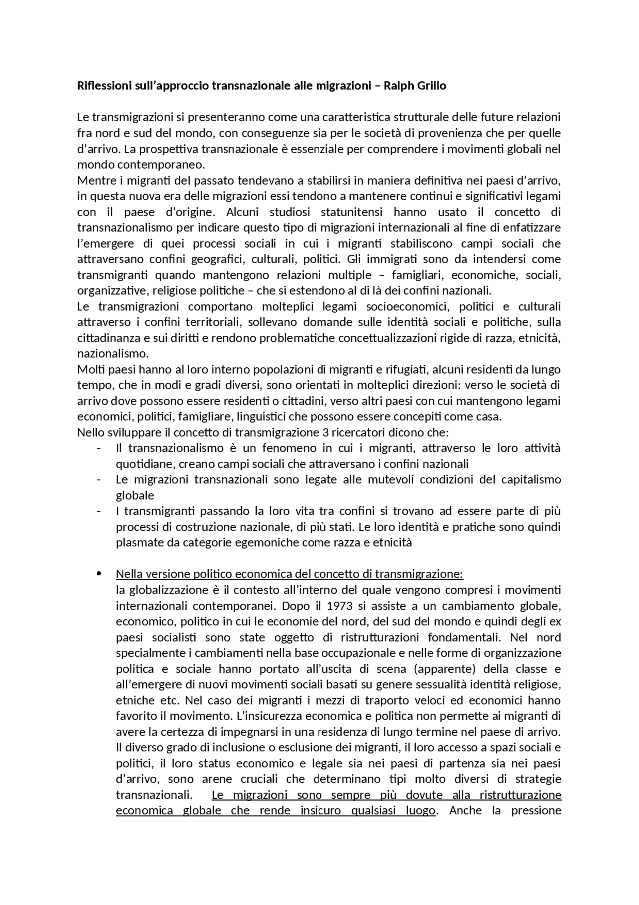 Migrazioni Transnazionali Docsity