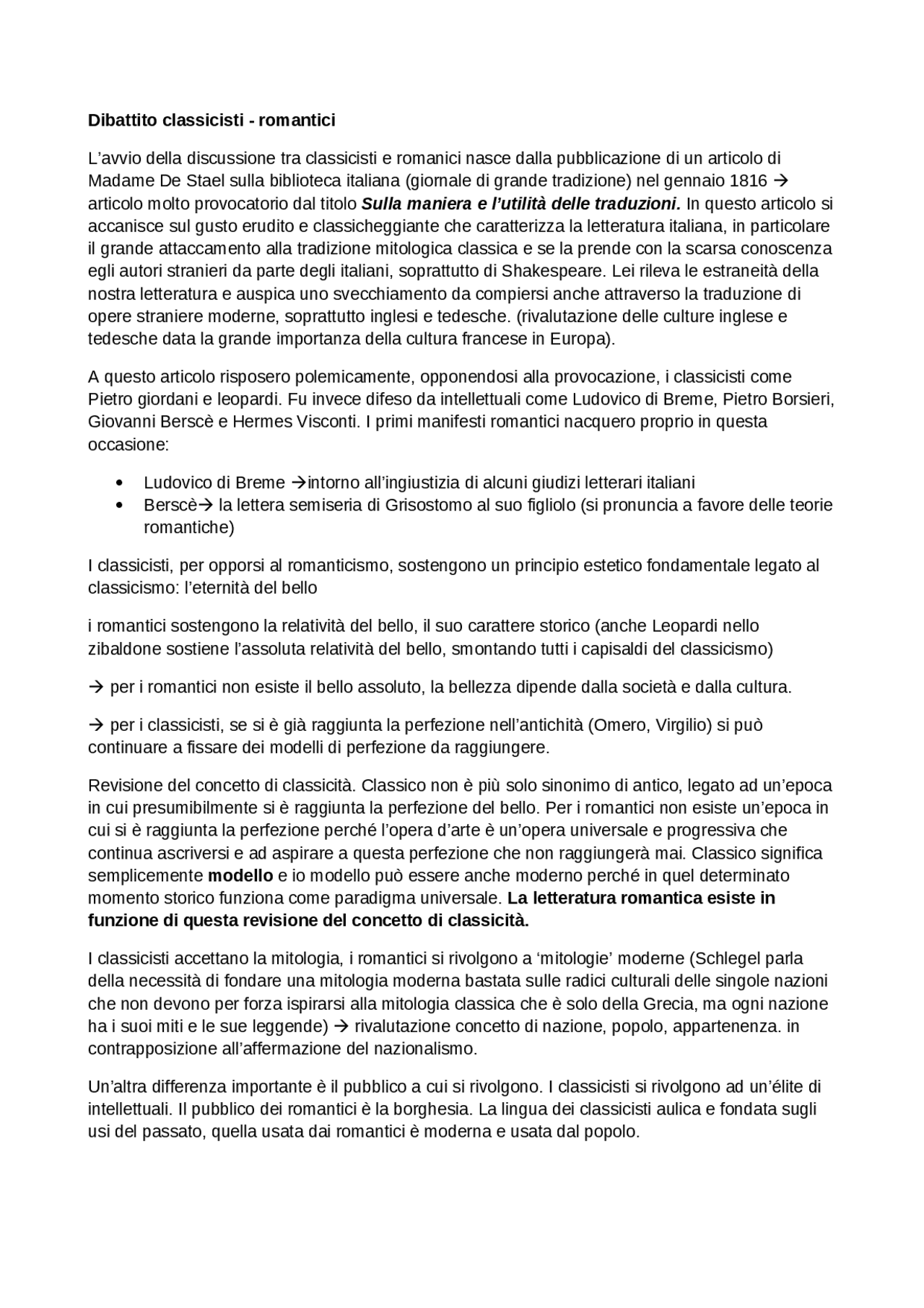 Letteratura Dibattito Classicisti Romanticisti Docsity