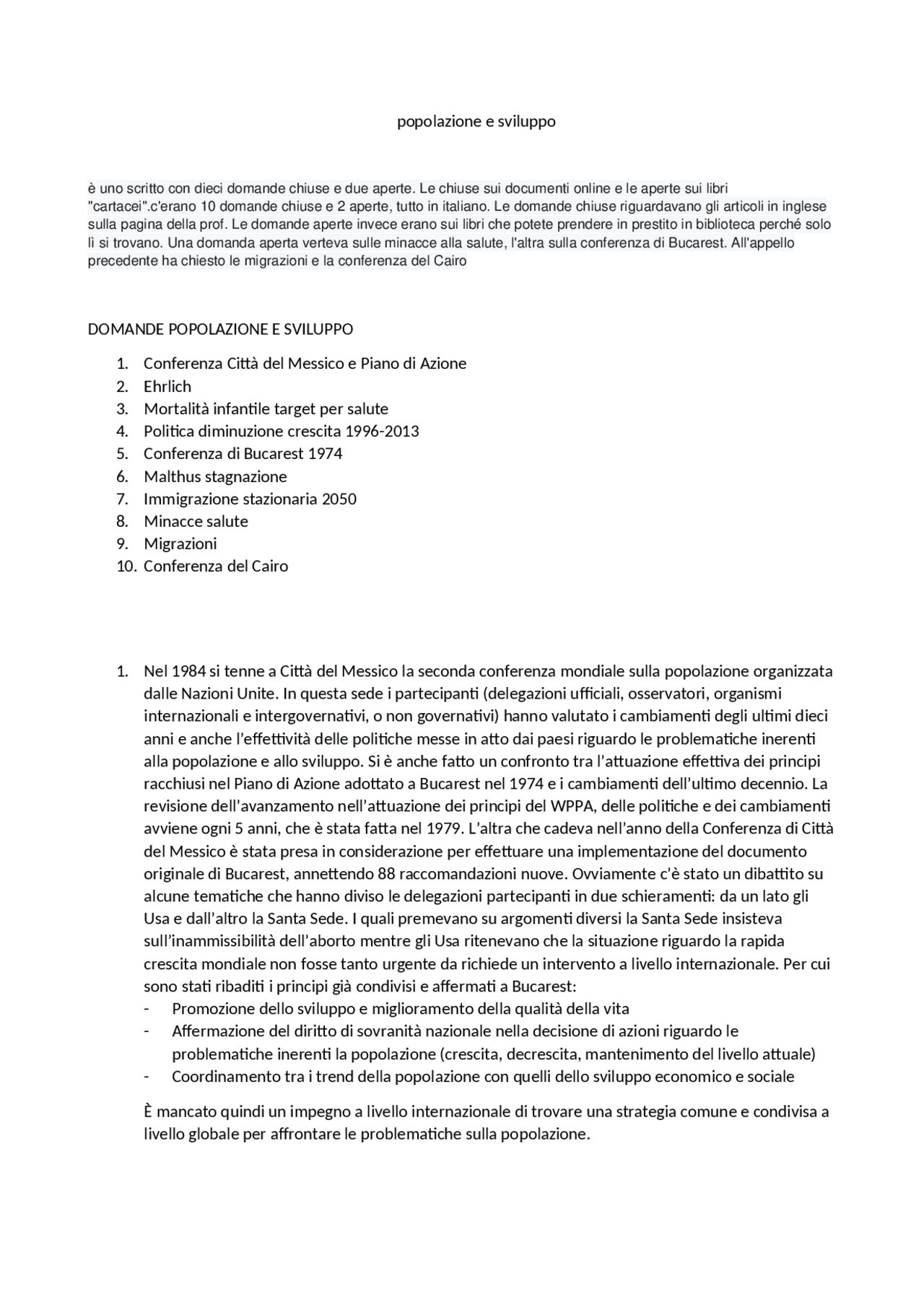 Domande Popolazione E Sviluppo Docsity