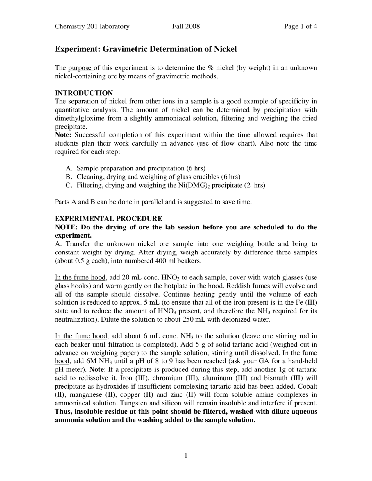 Experiment Gravimetric Determination Of Nickel Docsity