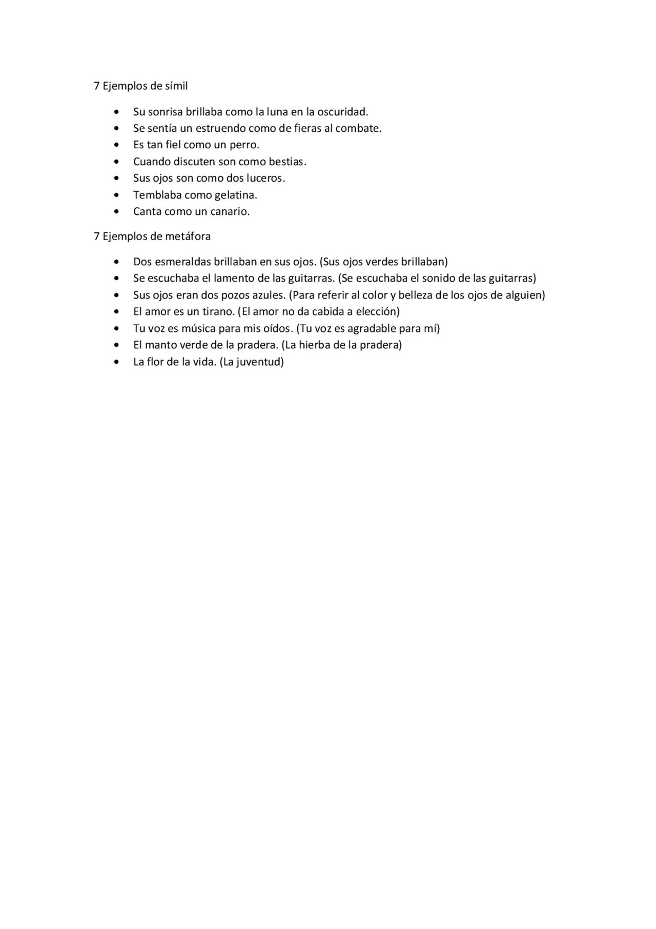 EJEMPLOS DE SIMIL Y METAFORA - Docsity