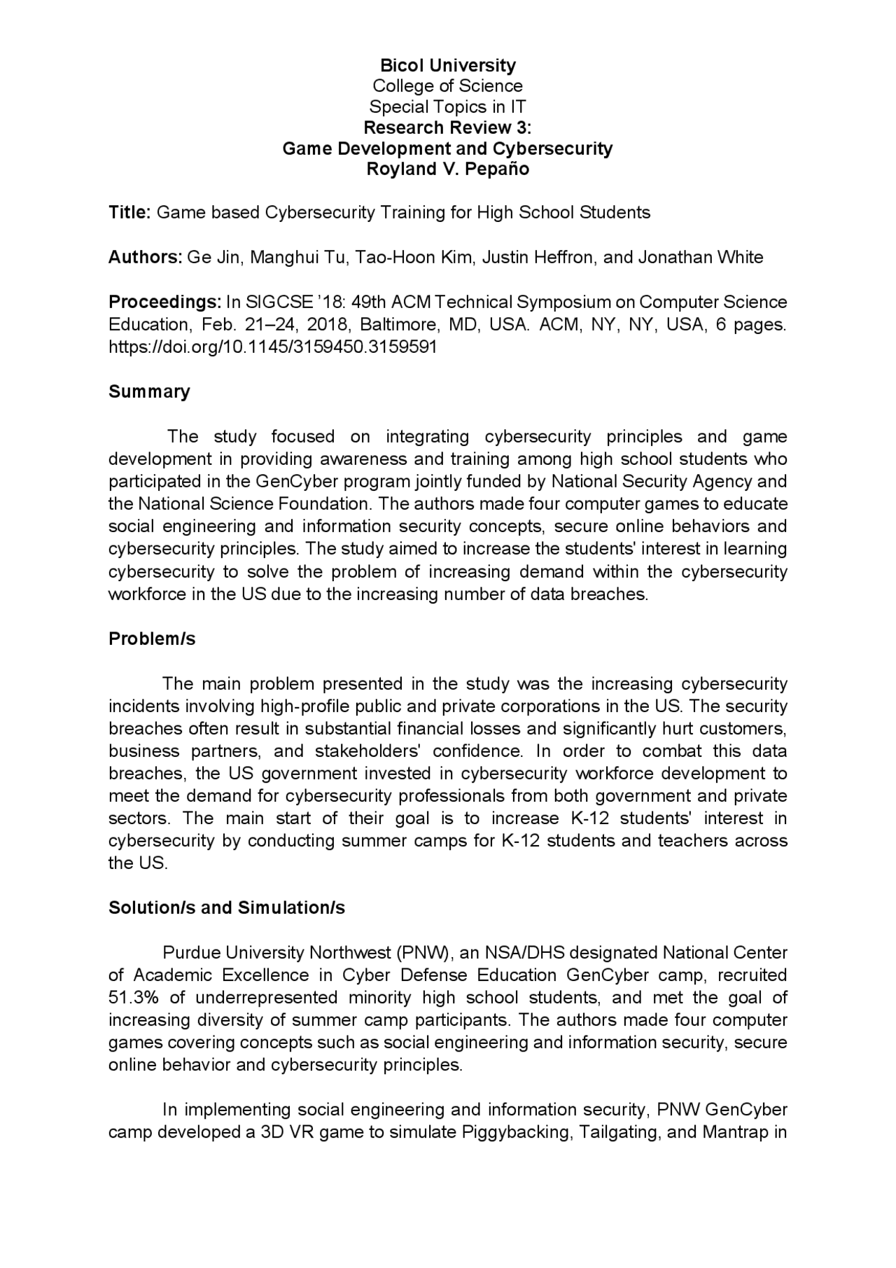 Research Paper Review Game Based Cybersecurity Training For High