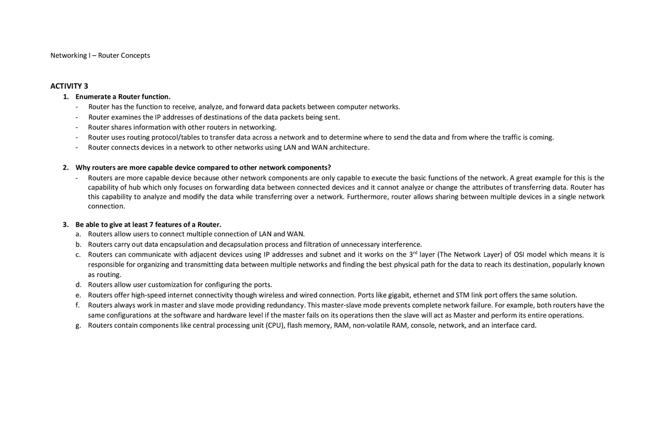 Networking - Router Concepts Questions and Answers - Docsity