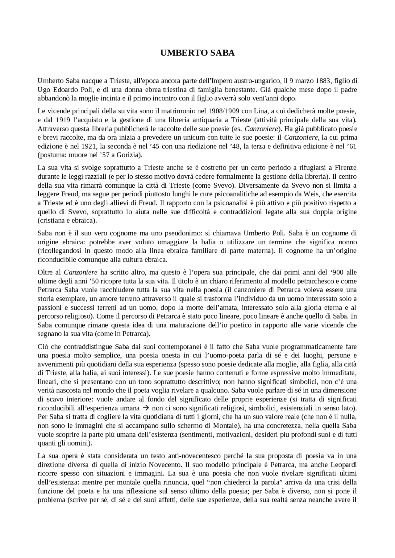 Il Poeta Umberto Saba Appunti Di Italiano Docsity