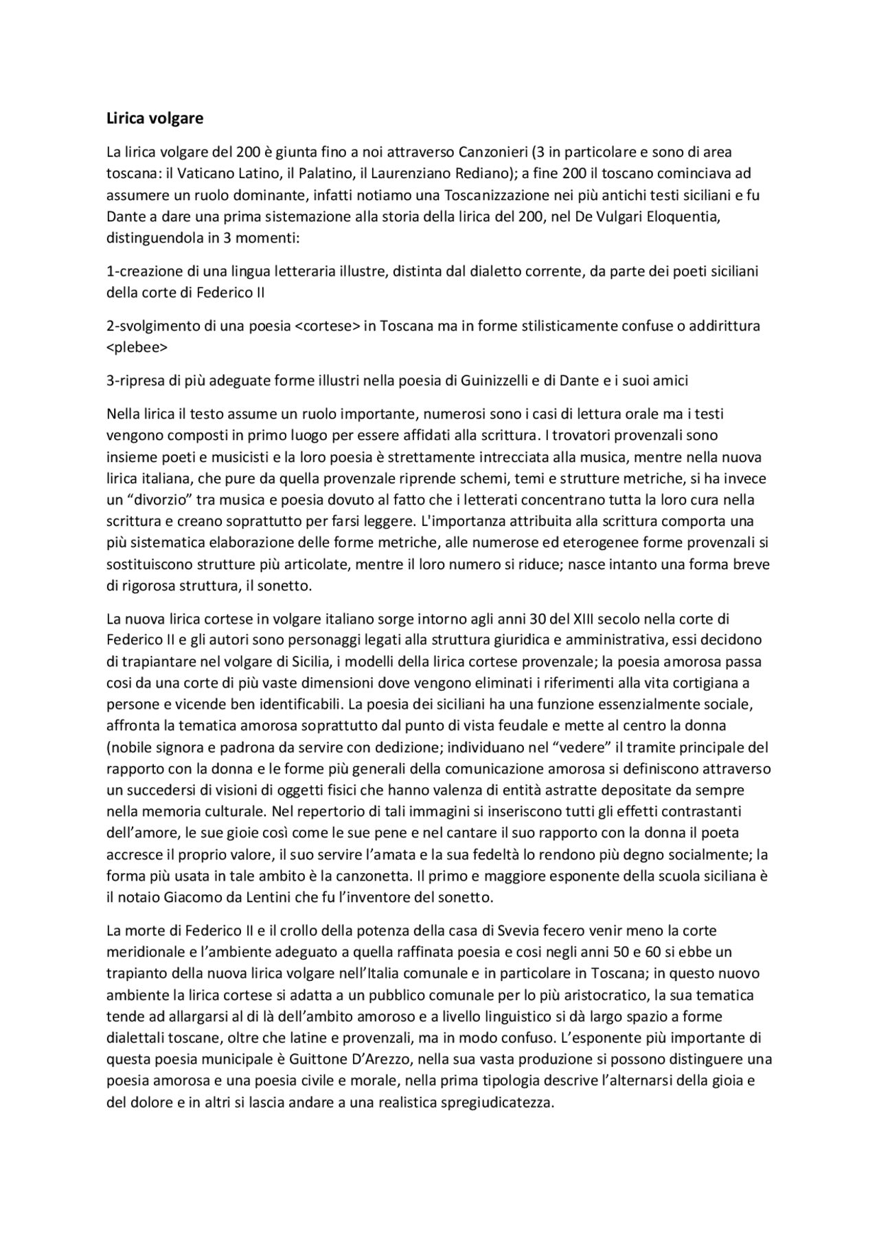 Lirica Volgare Del 200 Docsity