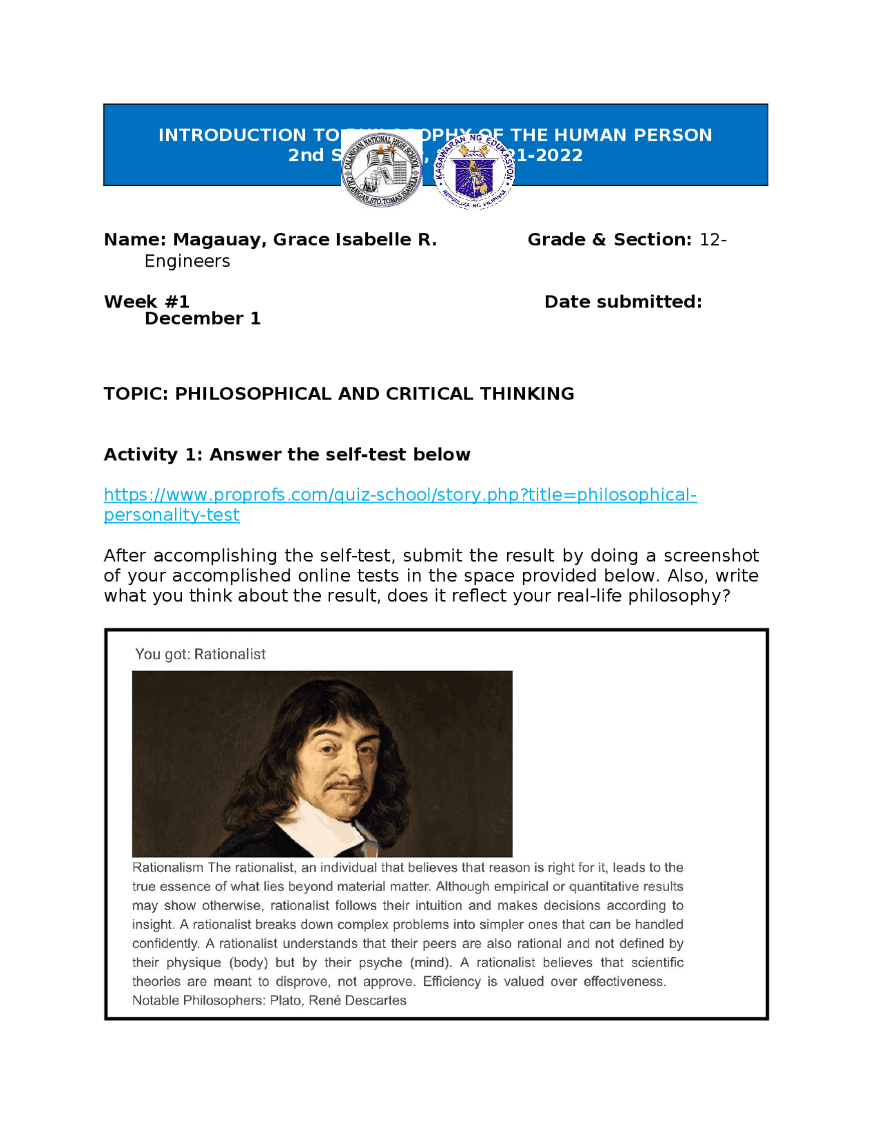 Philosophy Answer In Activity Docsity