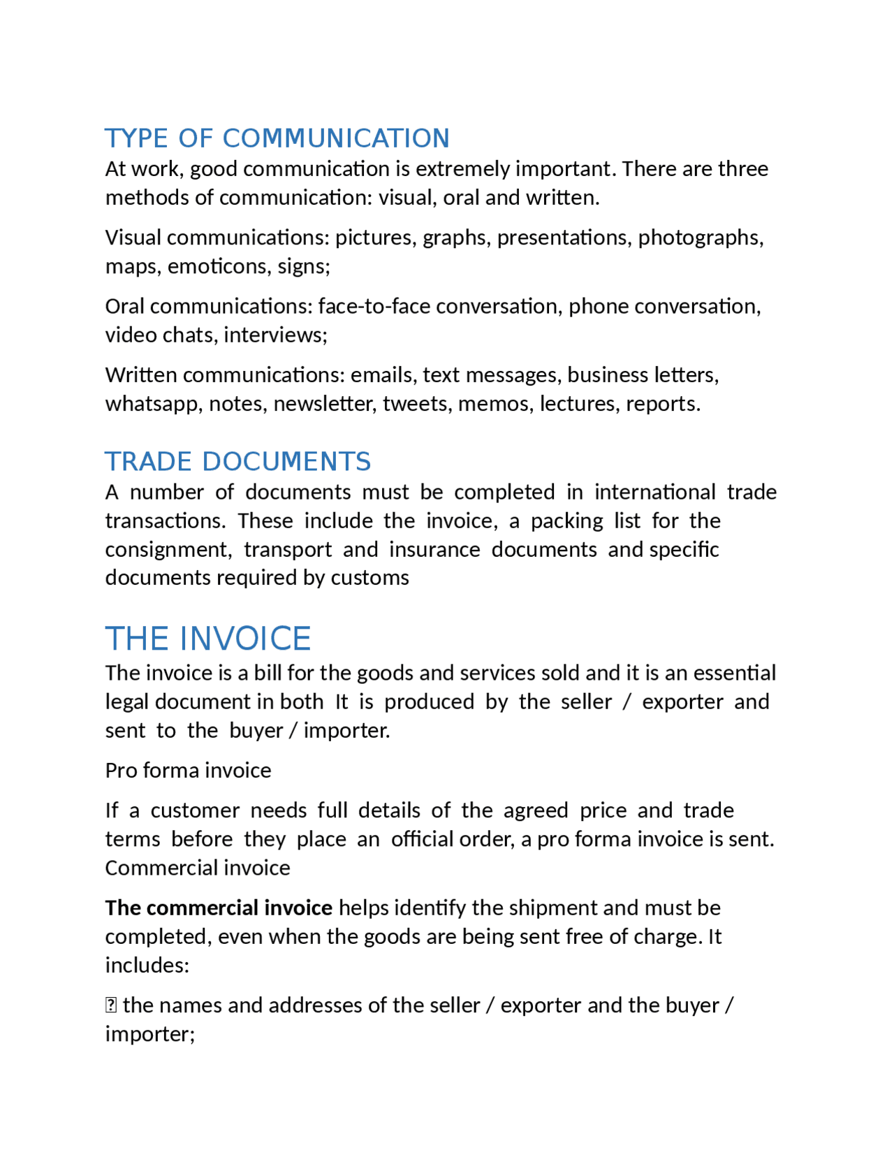 TRADE DOCUMENTS AND TYPES OF PAYMENT - Docsity