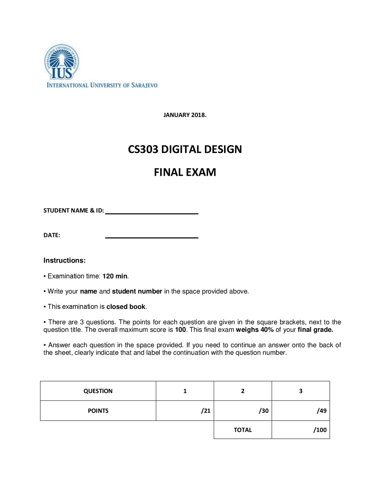 Finalexamlogicdesignfall2017pdf Exams Digital Systems Design