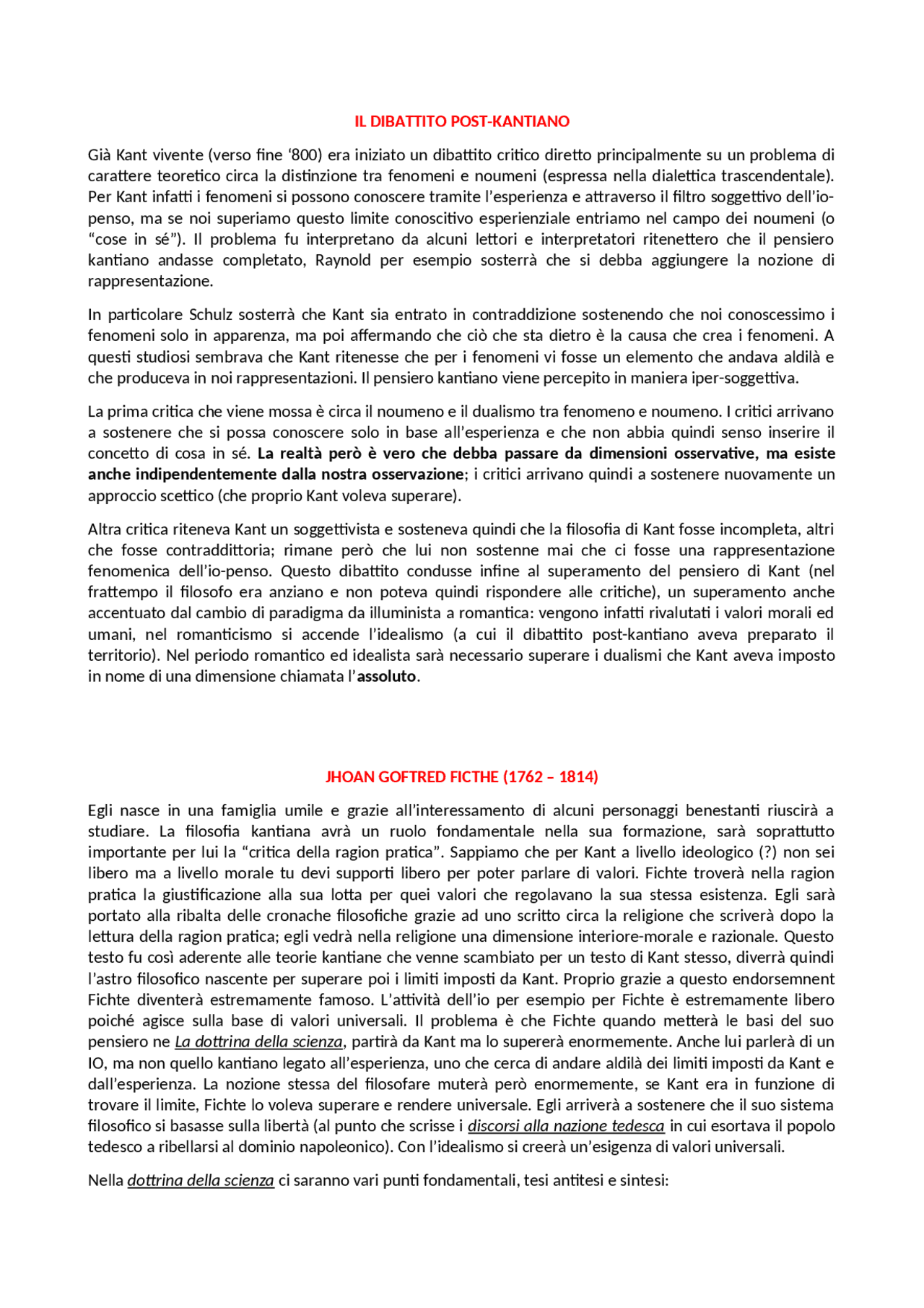 Il dibattito post-kantiano, Fichte e Schelling - Docsity