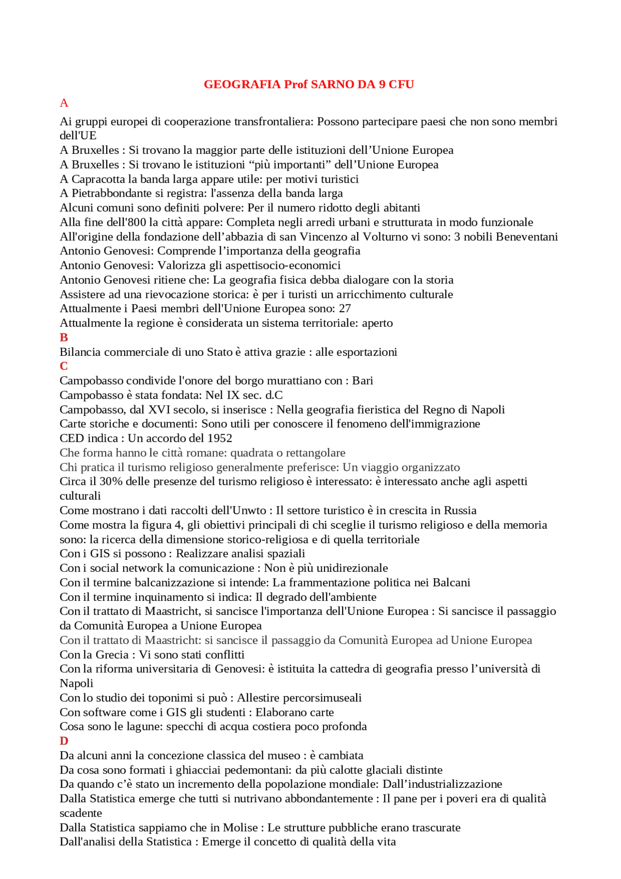 Geografia Agg A Gennaio Sarno Da 9 Cfu Pegaso Docsity