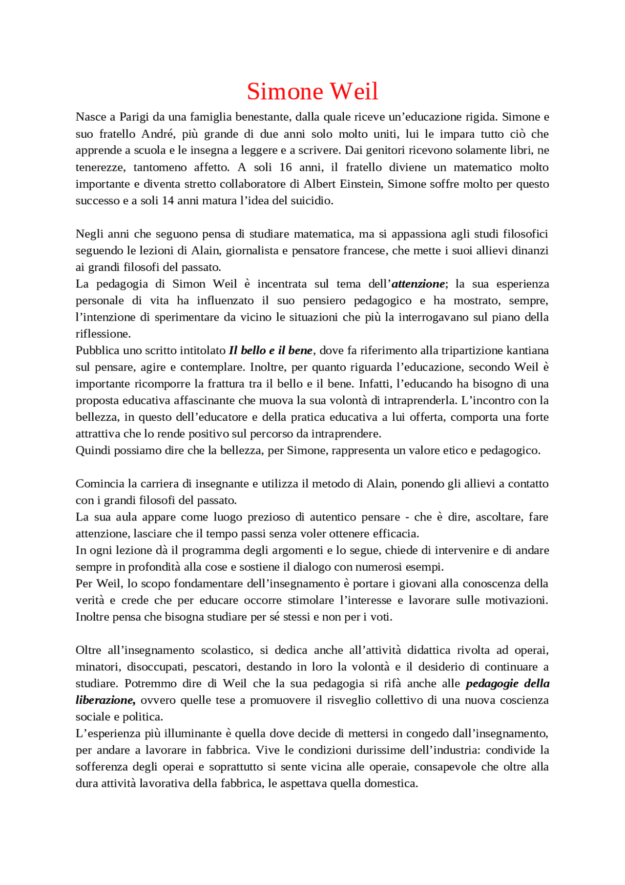 Simone Weil In Altra Luce Dispense Di Pedagogia Docsity