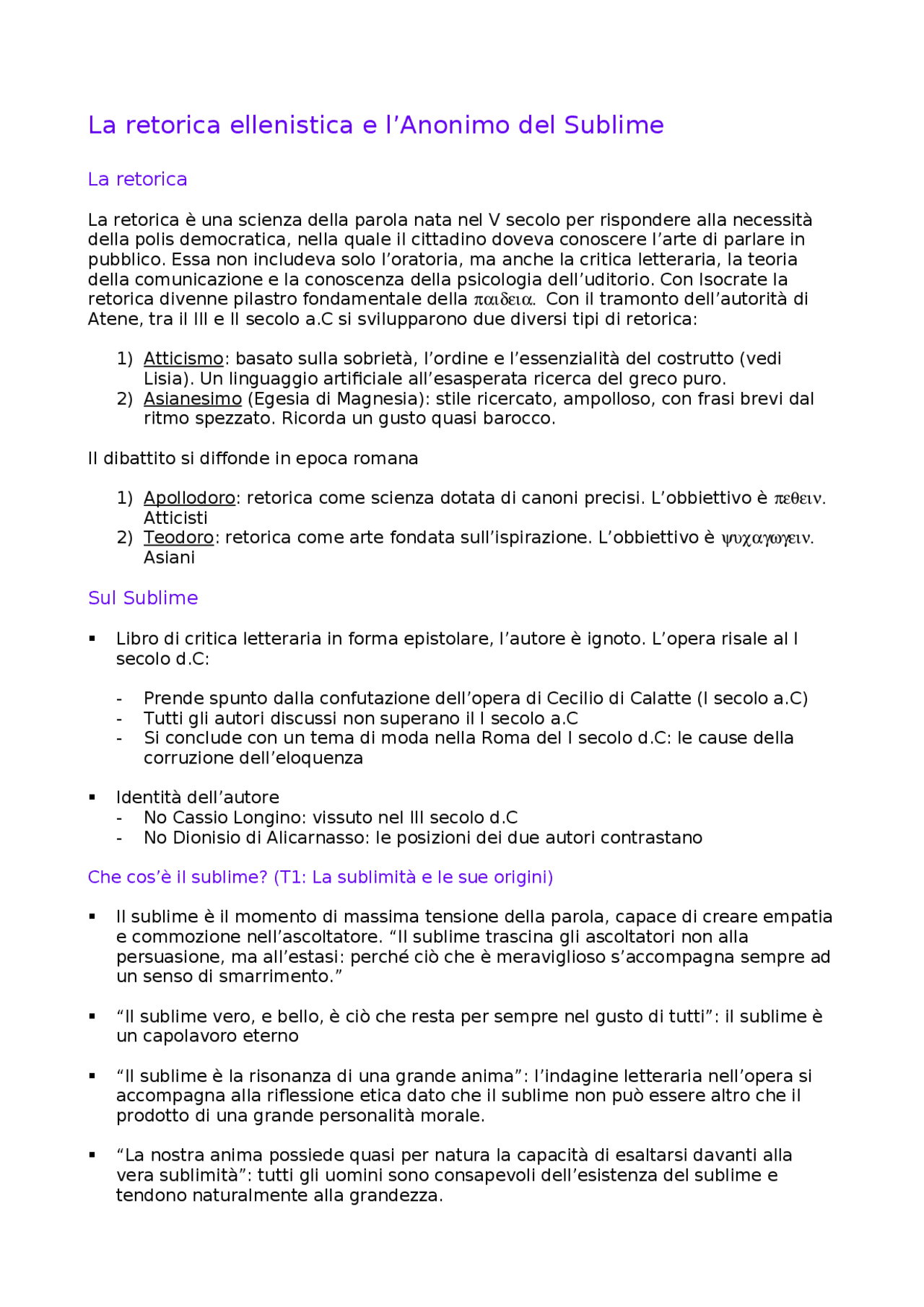 Appunti Su Retorica E Sublime Docsity