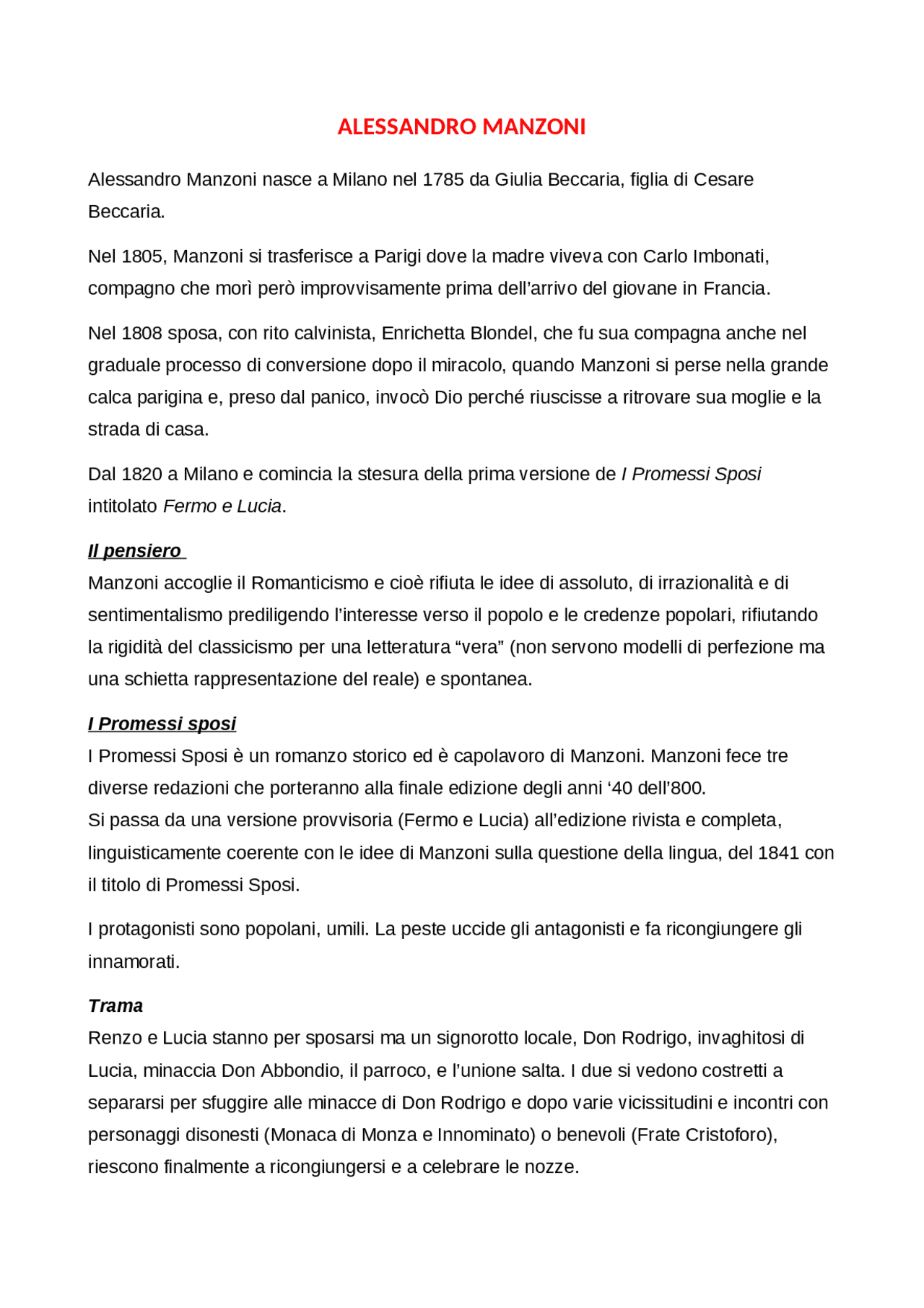 Breve riassunto su Alessandro Manzoni - Docsity