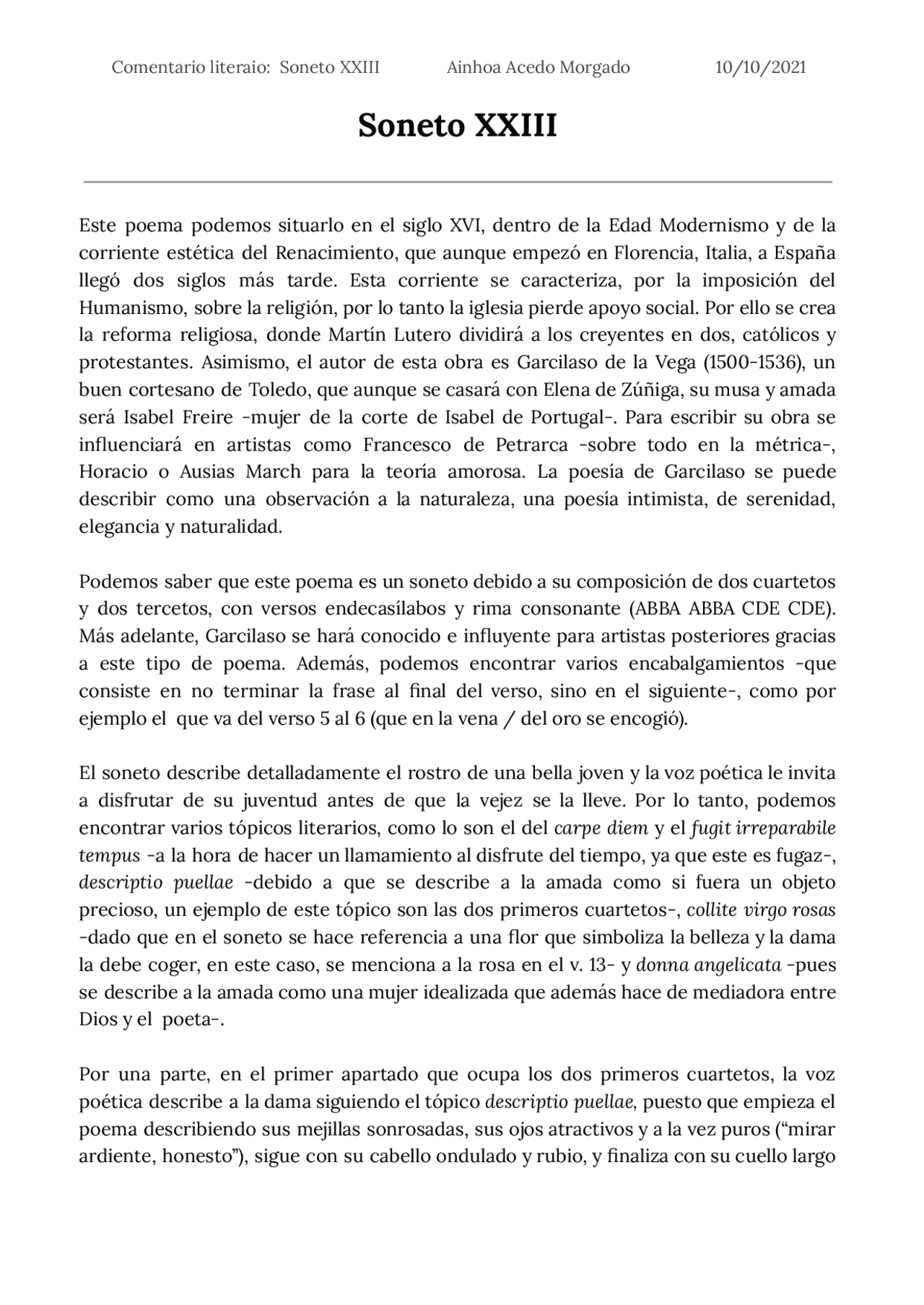 Analisis Soneto XXIII de Garcilso de la Vega - Docsity