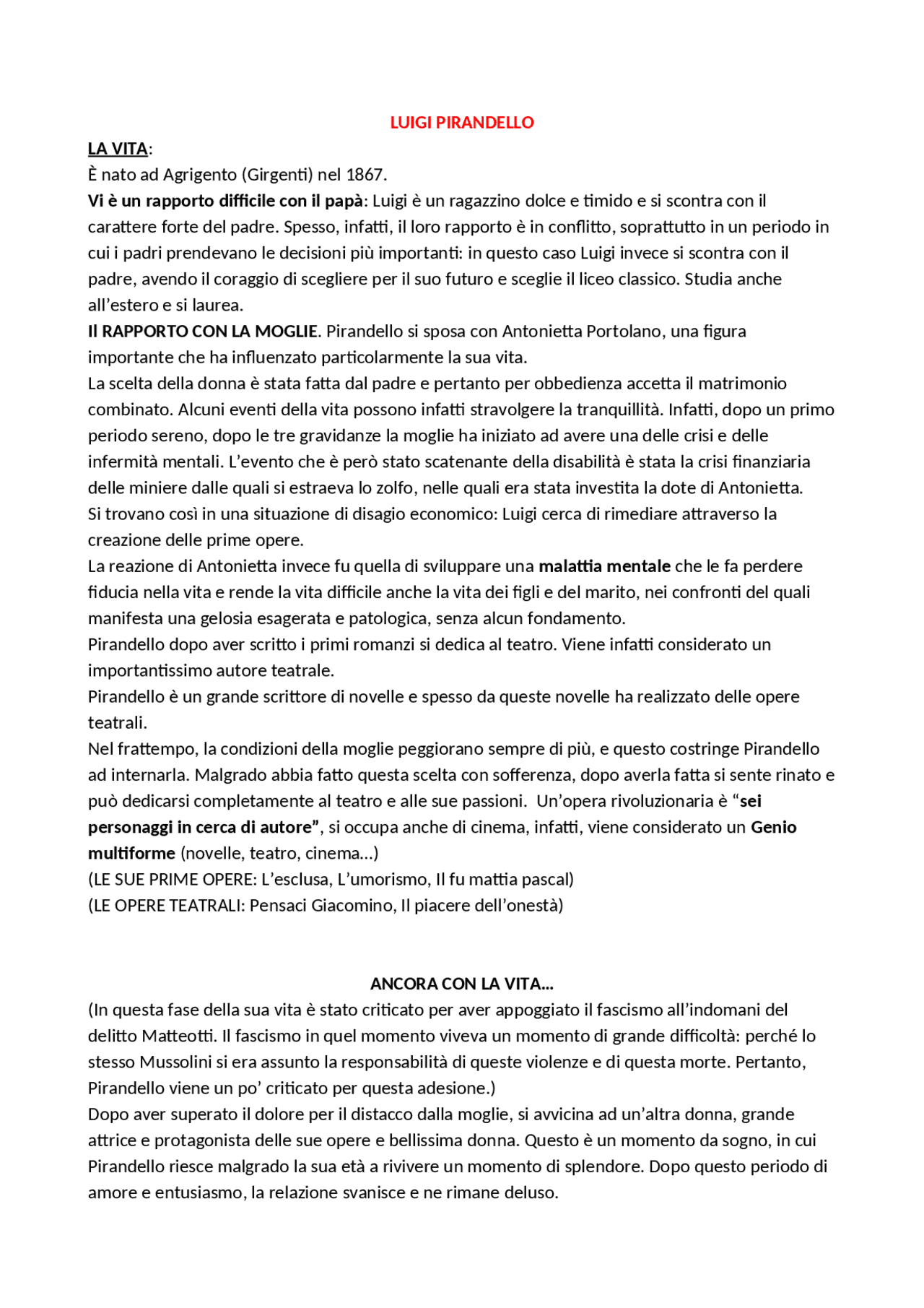 Luigi Pirandello E Le Sue Opere Docsity