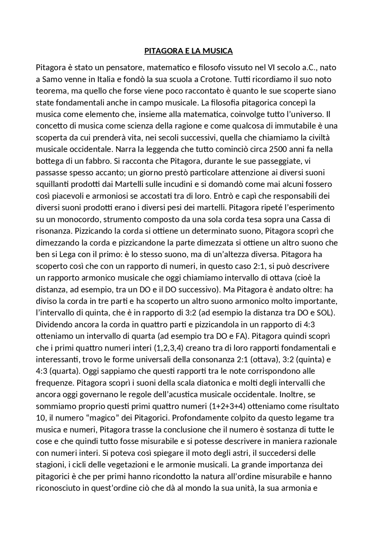 Pitagora e la nascita della musica - Docsity