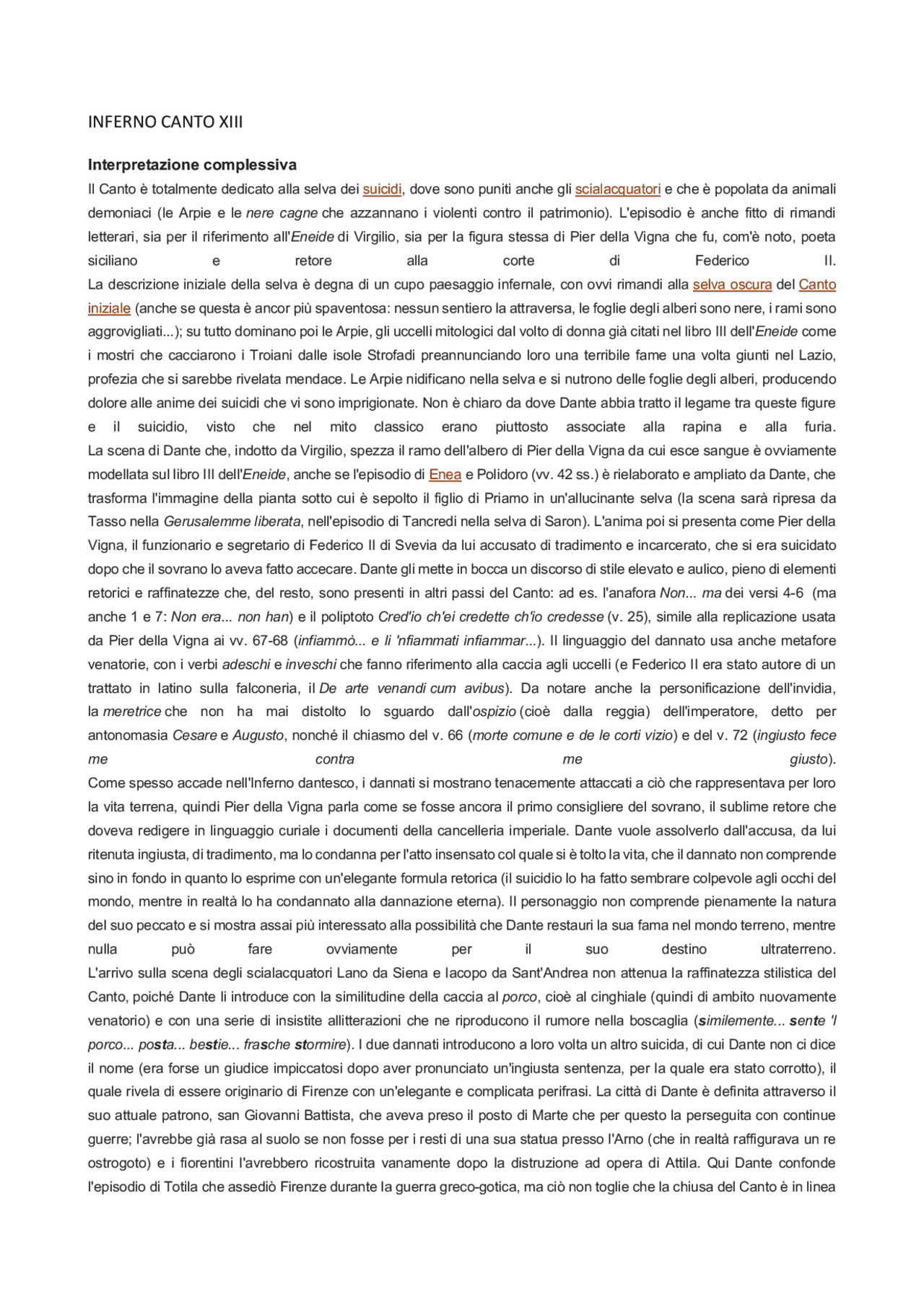 Canto XIII dell'Inferno Dante Alighieri - Docsity
