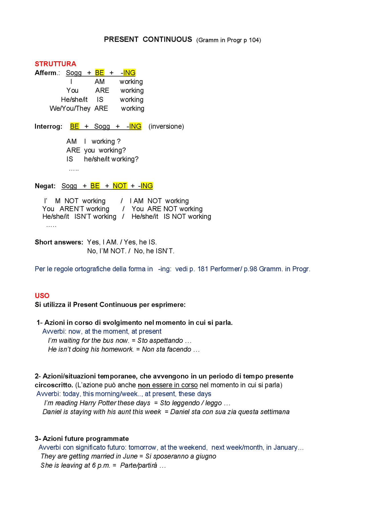 PRESENT CONTINUOS REGOLE - Docsity