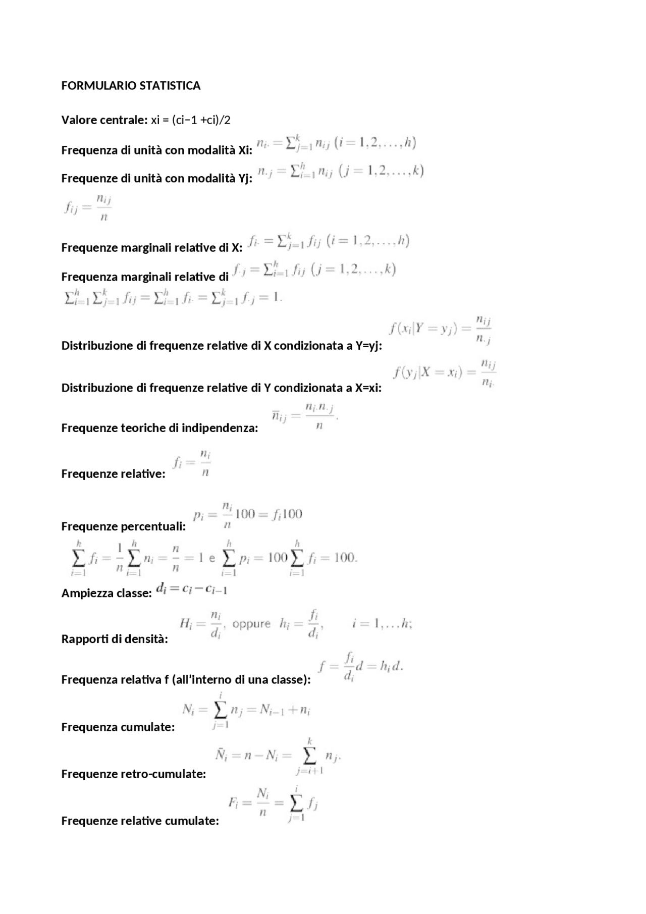 Formulario di statistica - Docsity