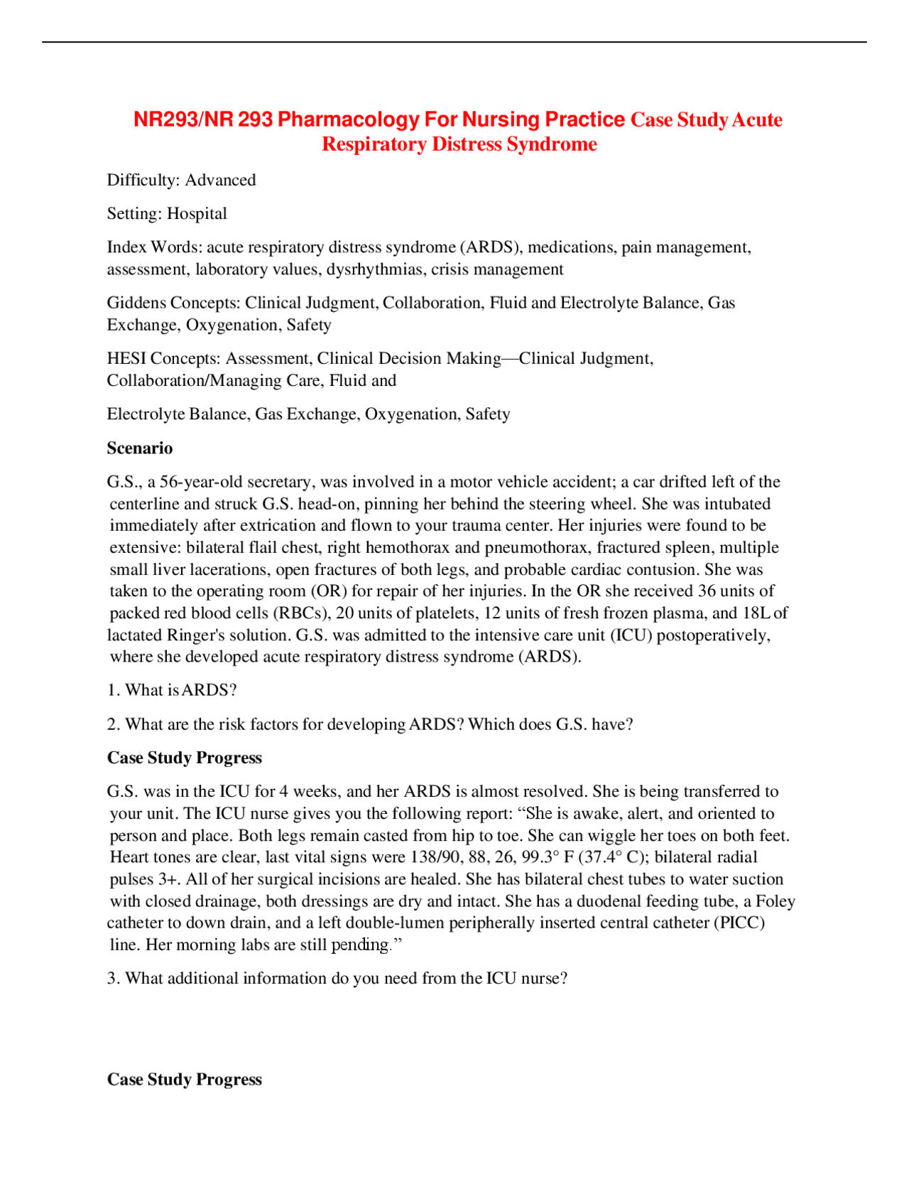 NR293/NR 293 Pharmacology For Nursing Practice Case Study Acute ...