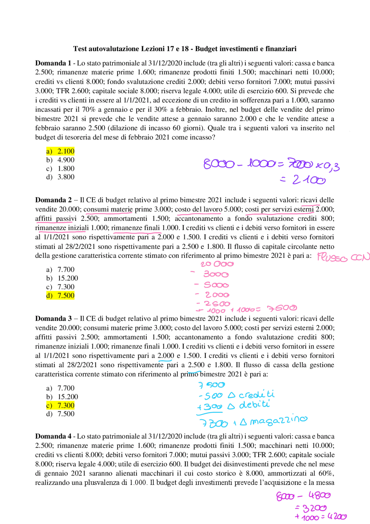 Test Autovalutazione Exercises Of Programmazione E Controllo Docsity