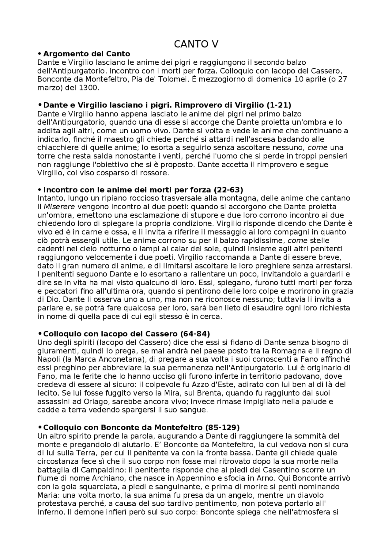 PURGATORIO - QUINTO CANTO - Docsity