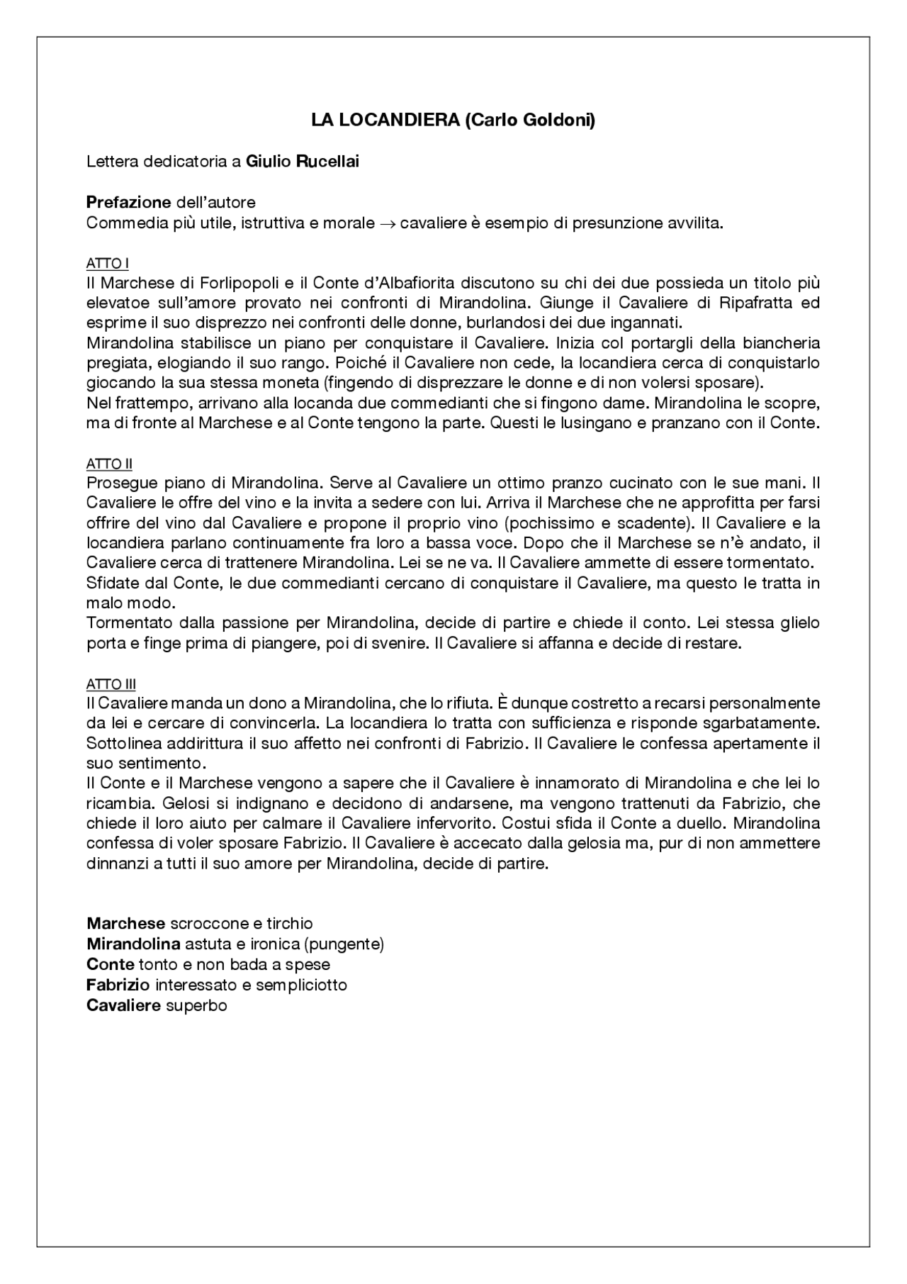La Locandiera Di Goldoni Docsity