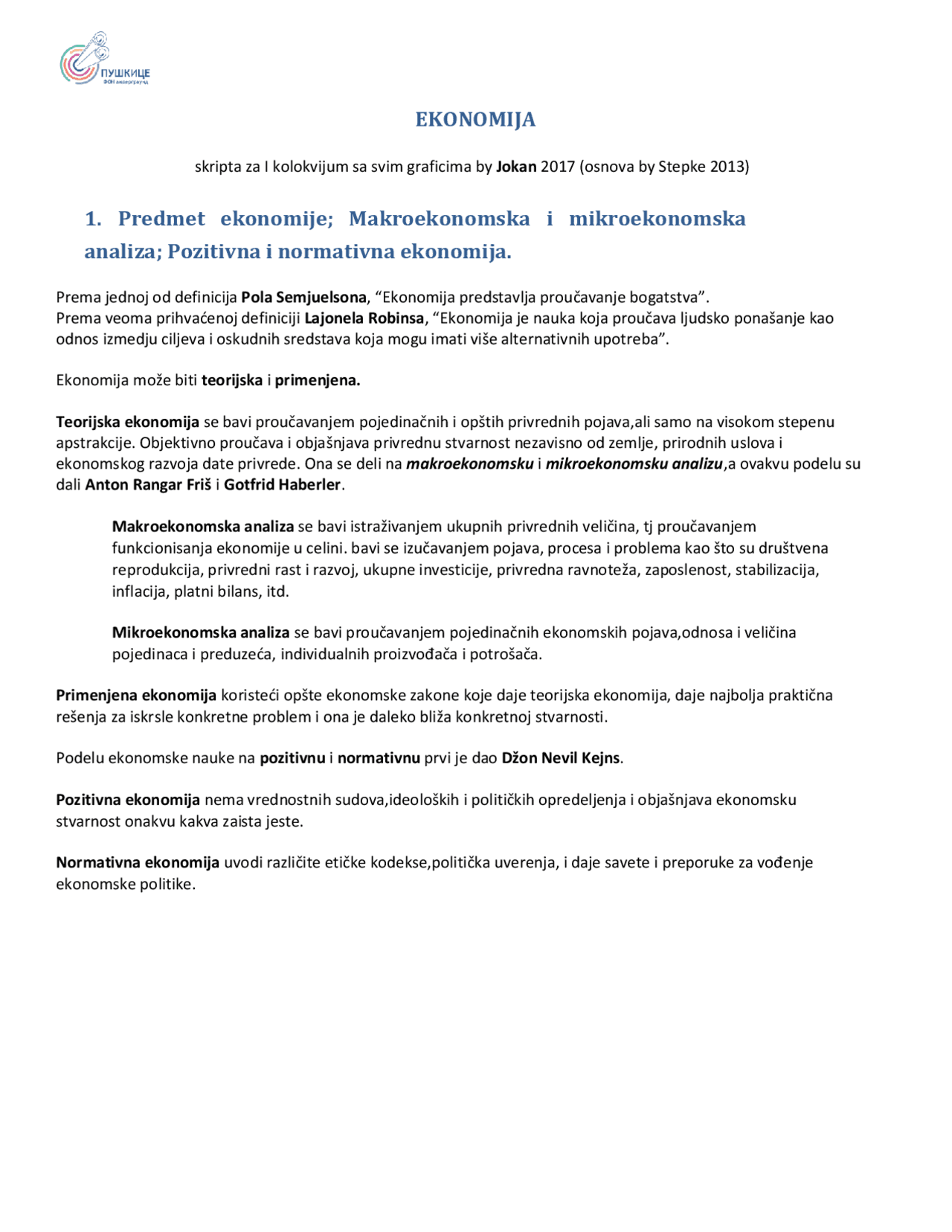 Ekonomija Prvi Deo Prvi Kolokvijum Ispiti Predlog Ekonomija Docsity