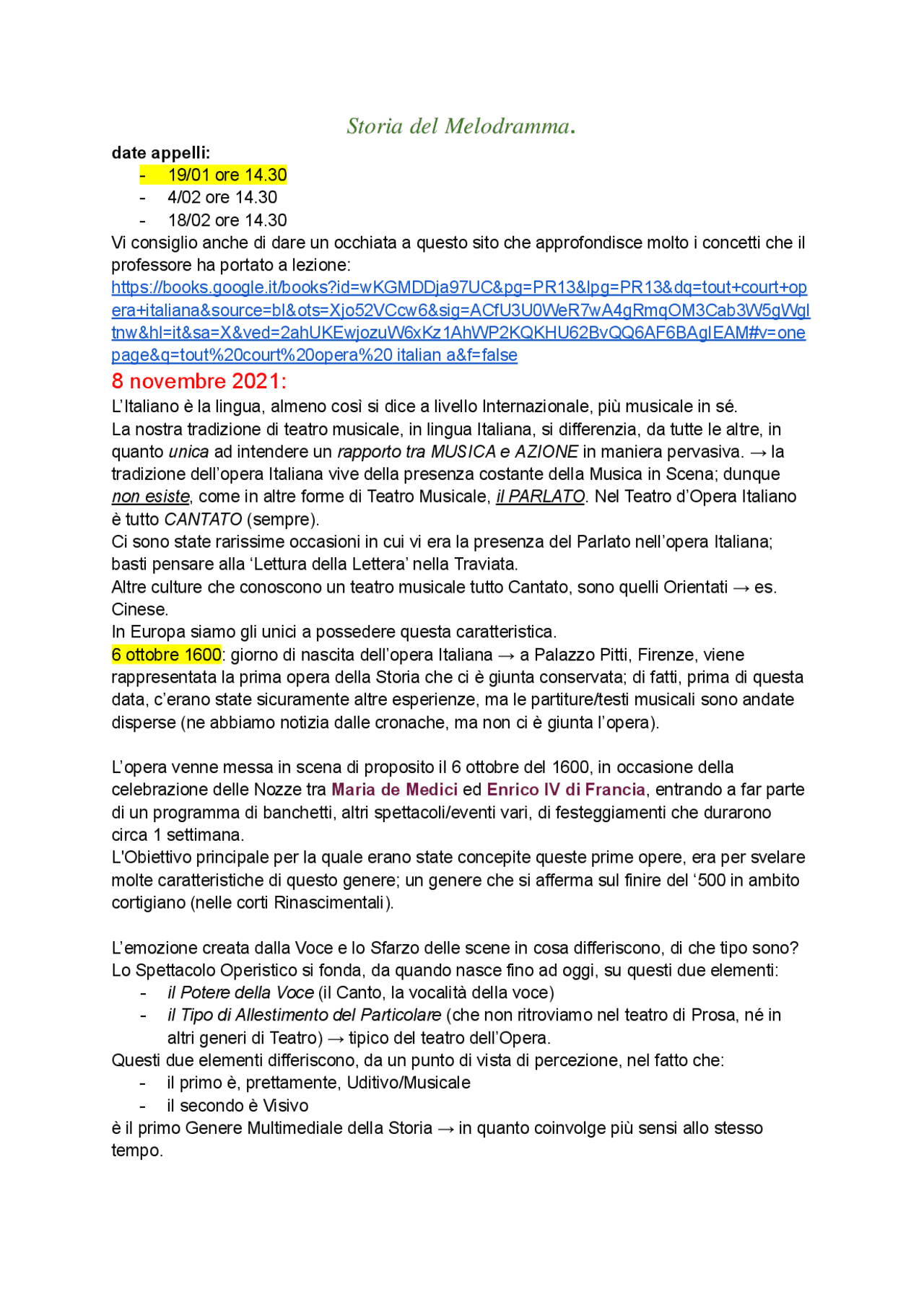 Storia Del Melodramma a.a 2021-2022 - Docsity