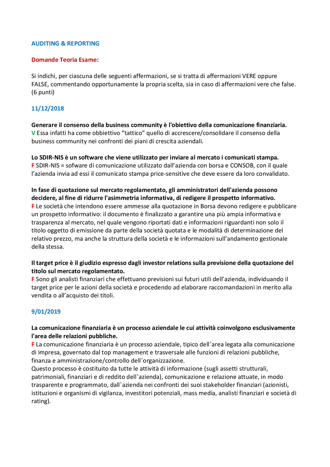 Auditing And Reporting Domande Teoria Esame Docsity