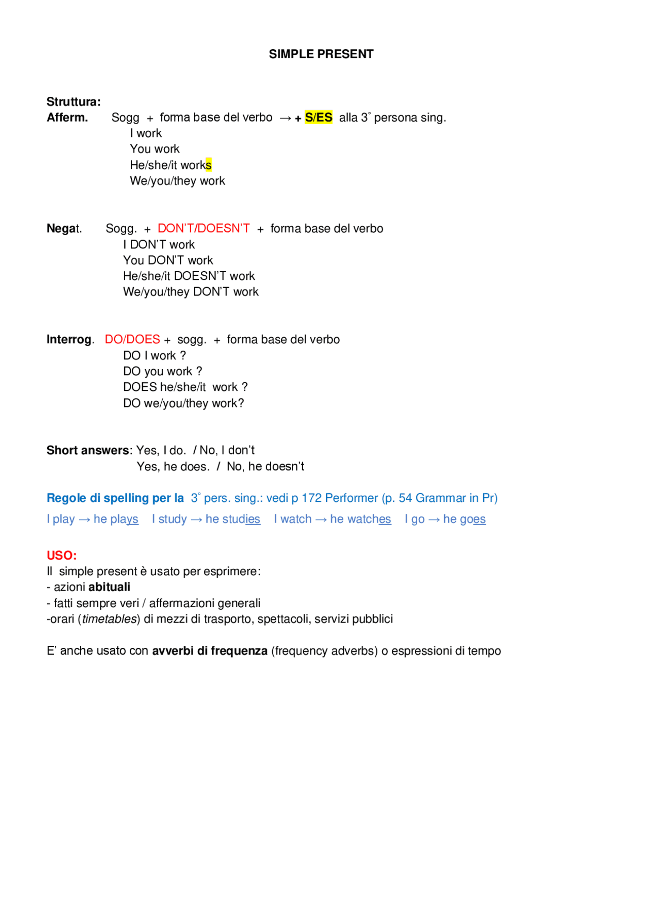 Present Simple Regole Docsity