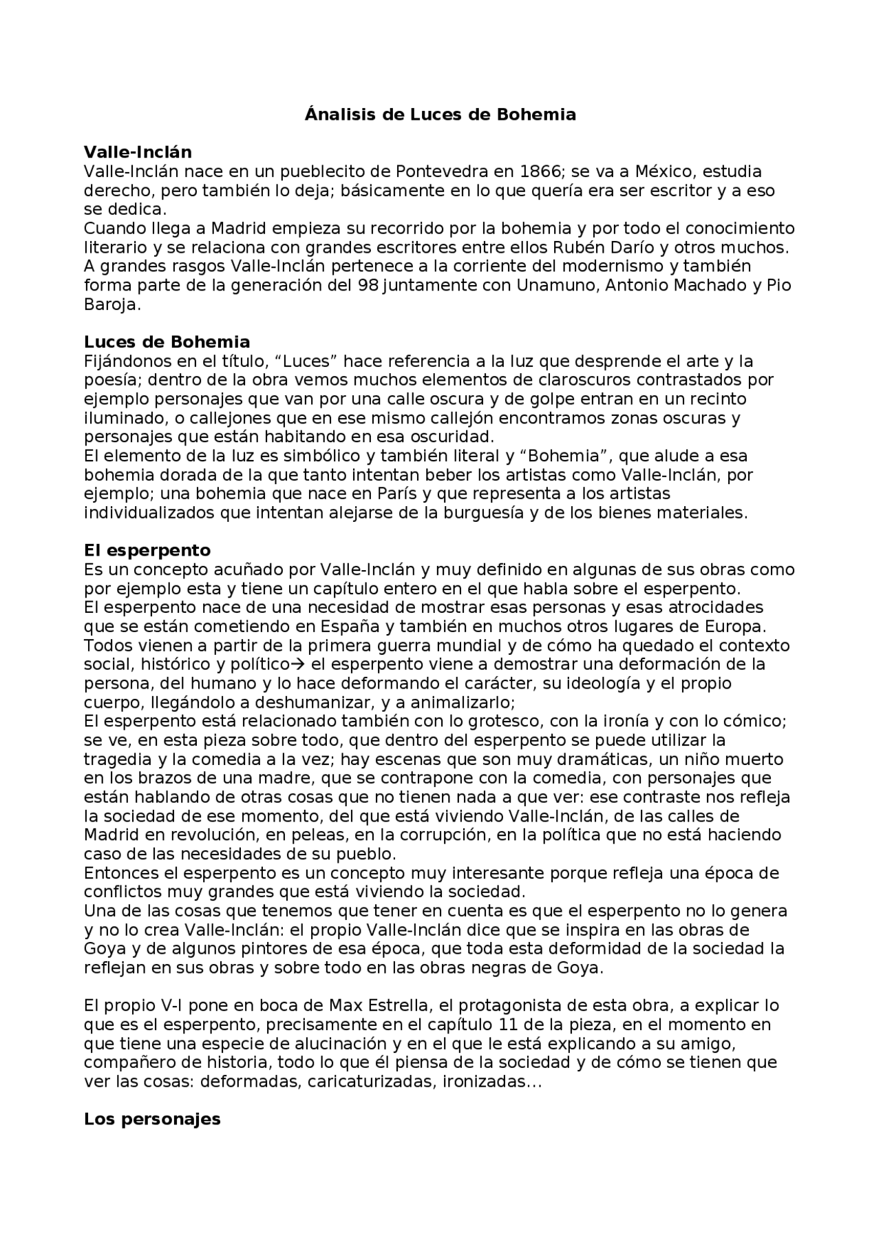 Analysis De La Obra Luces De Bohemia Docsity