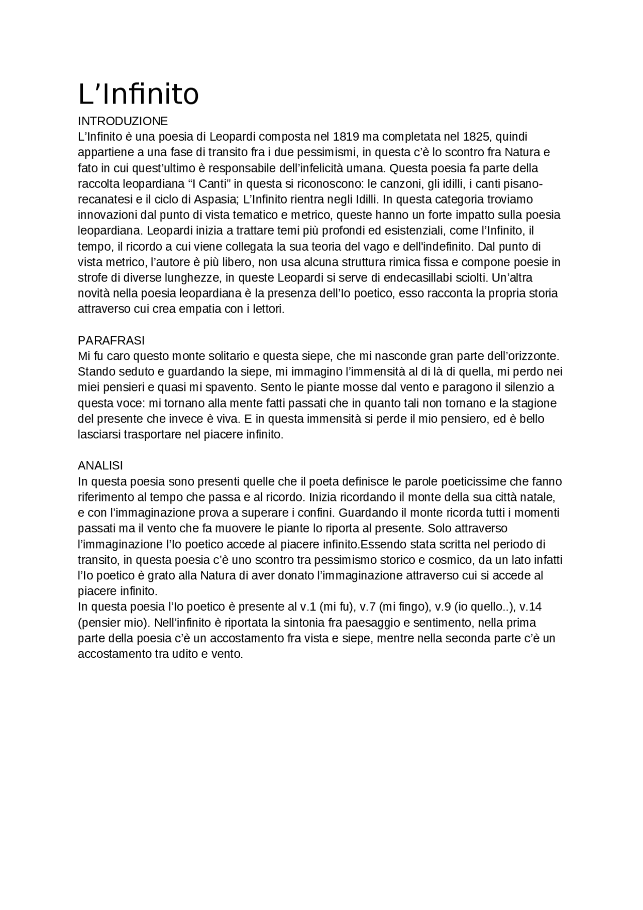 Analisi del testo e parafrasi - L'infinito, Leopardi | Appunti di ...