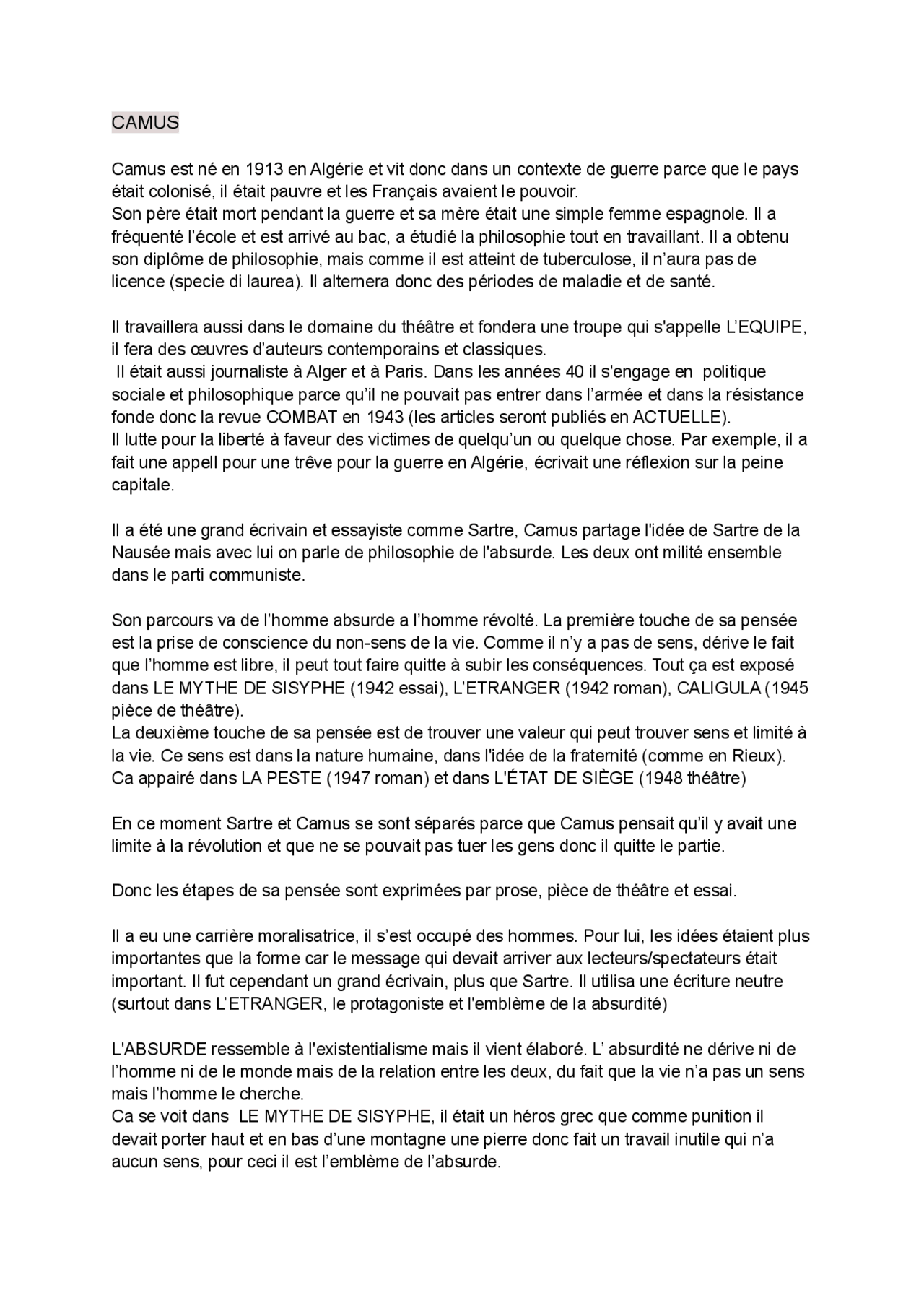 Camus Appunti Francese Docsity
