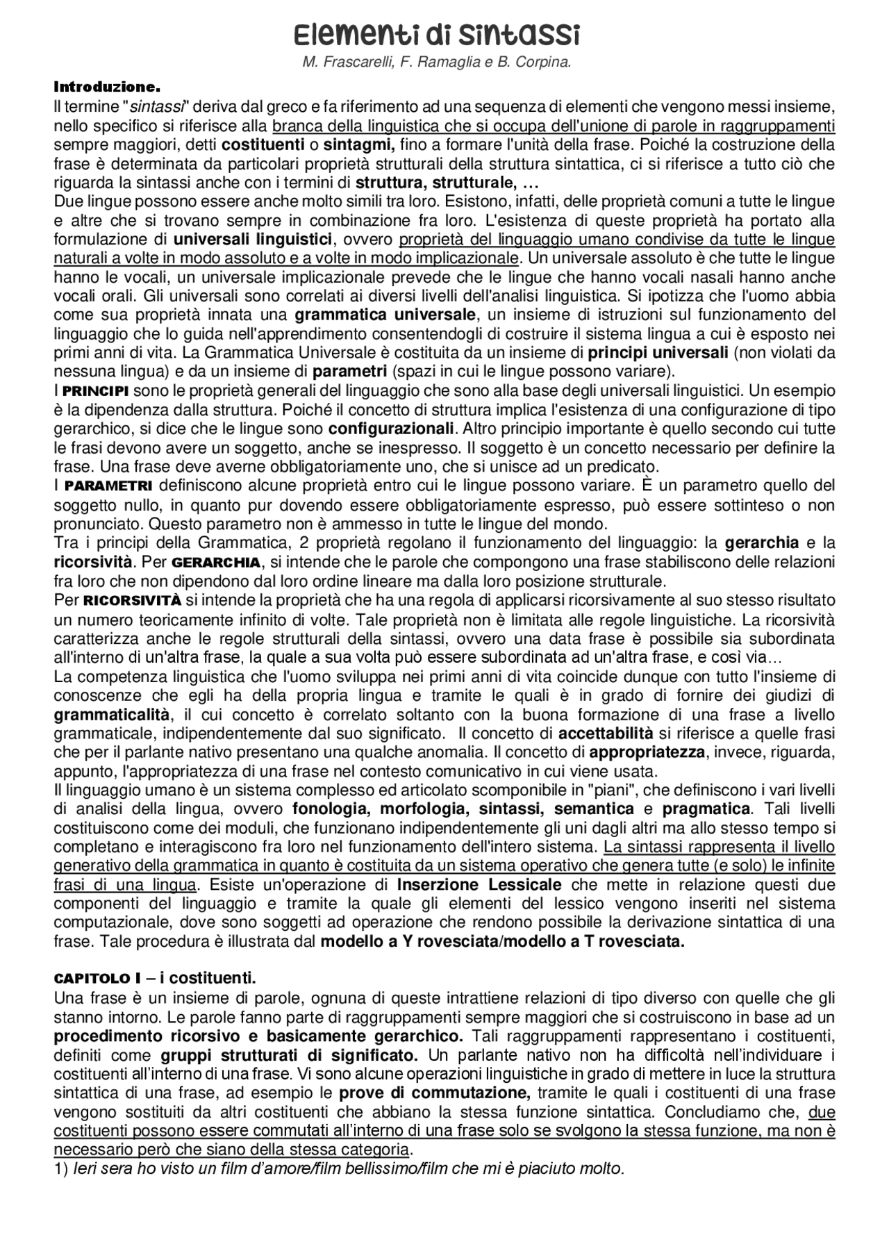 Elementi di sintassi - capp. I - II - III - Docsity