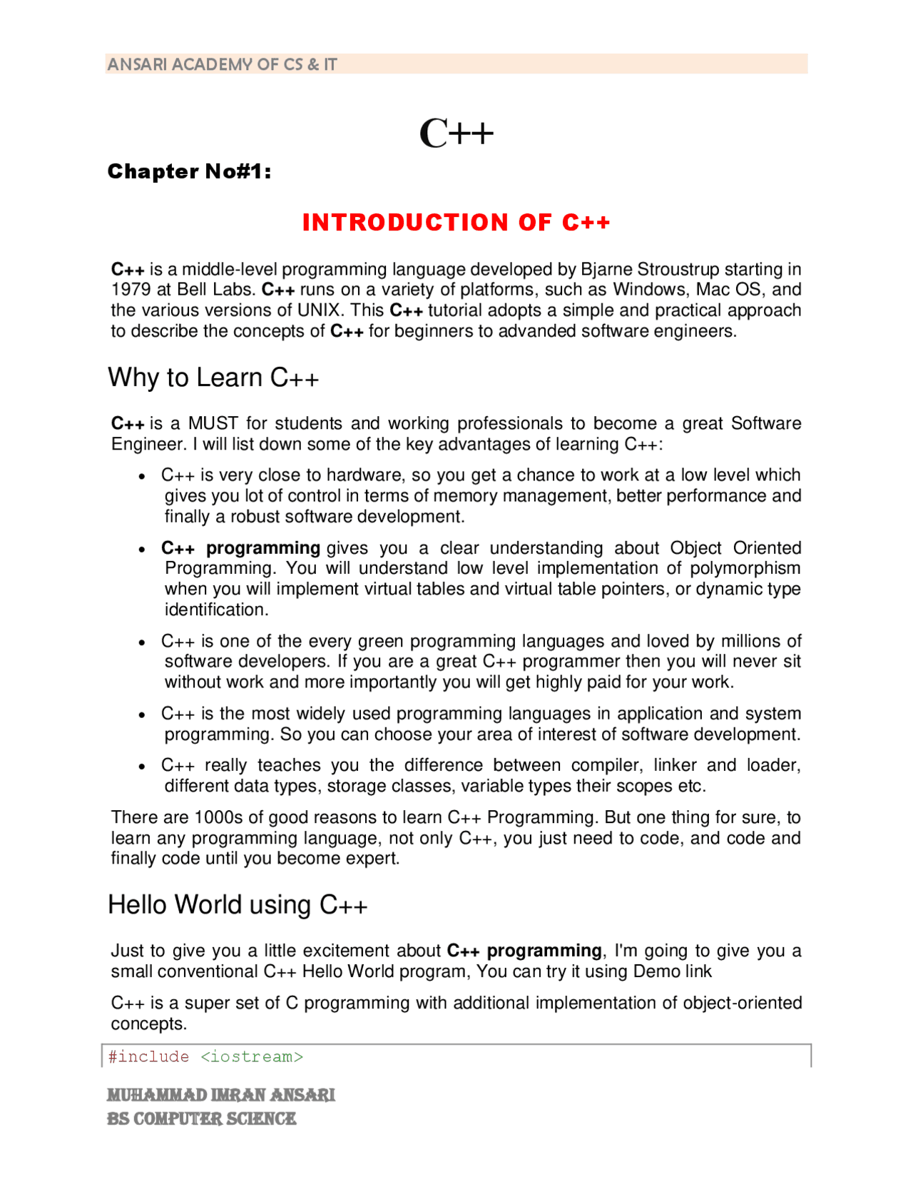 C++ Lecture Notes for Computer Science and Information Technology - Docsity