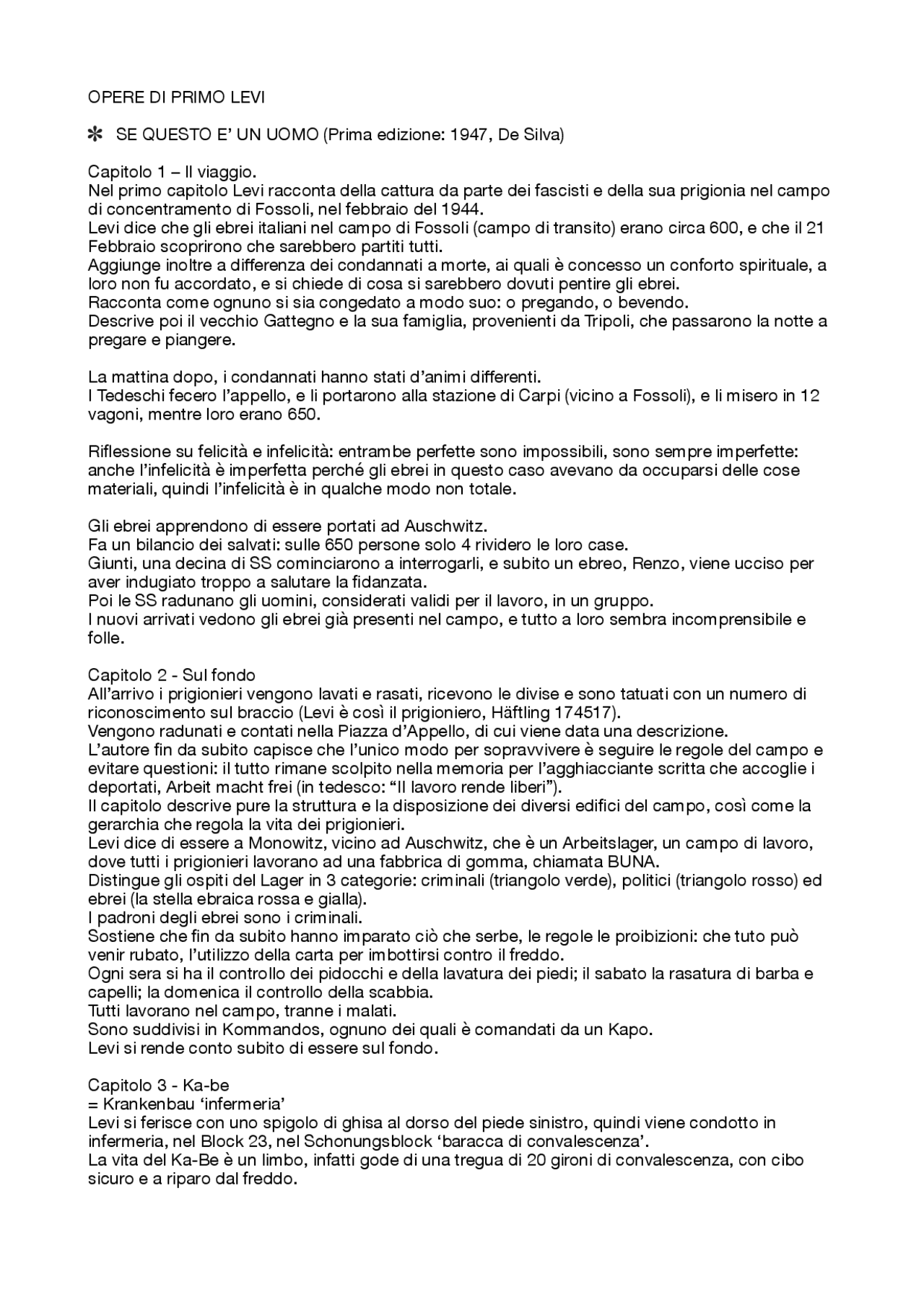 Riassunto Opere di Primo Levi - Docsity