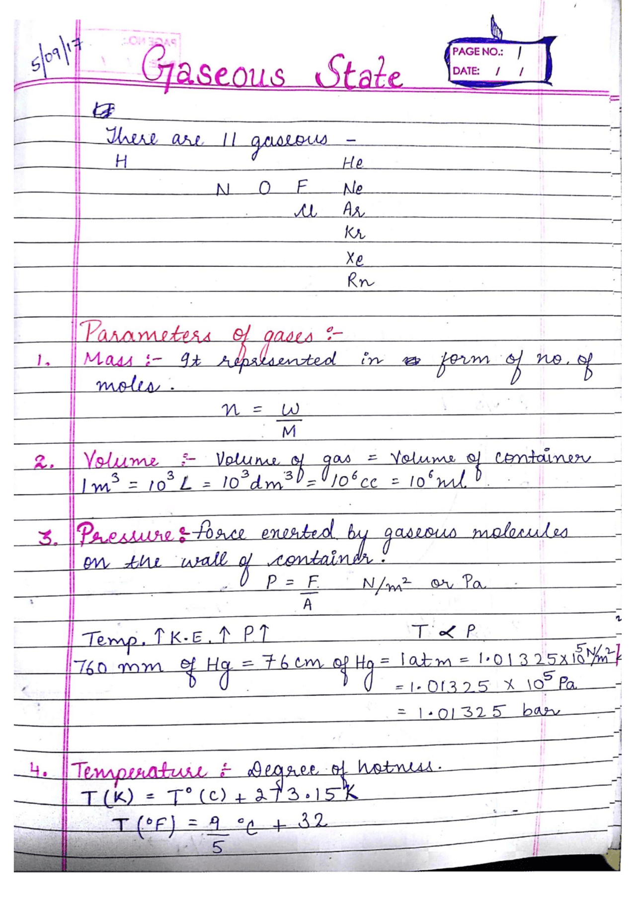 Chemistry - Gaseous State Handwritten Colorful Complete Notes - Docsity