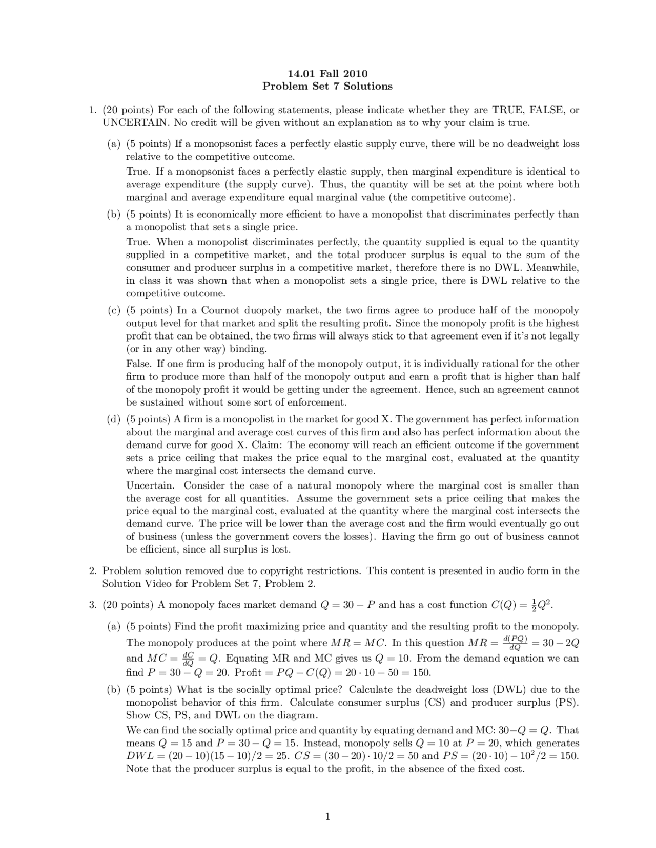 Problem Set Of Monopoly In Advanced Microeconomics Docsity