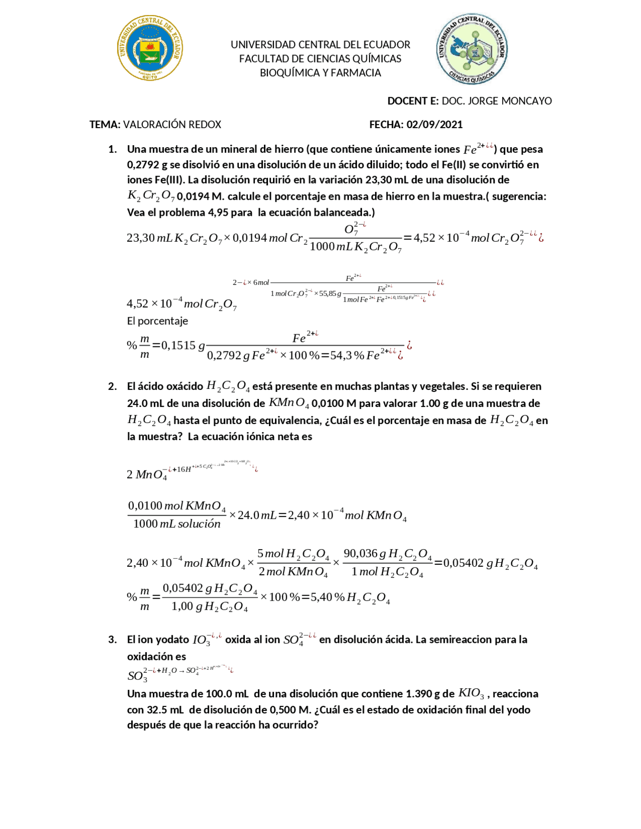 Ejercicios De ValoraciÓn Redox Esercizi Di Chimica Docsity