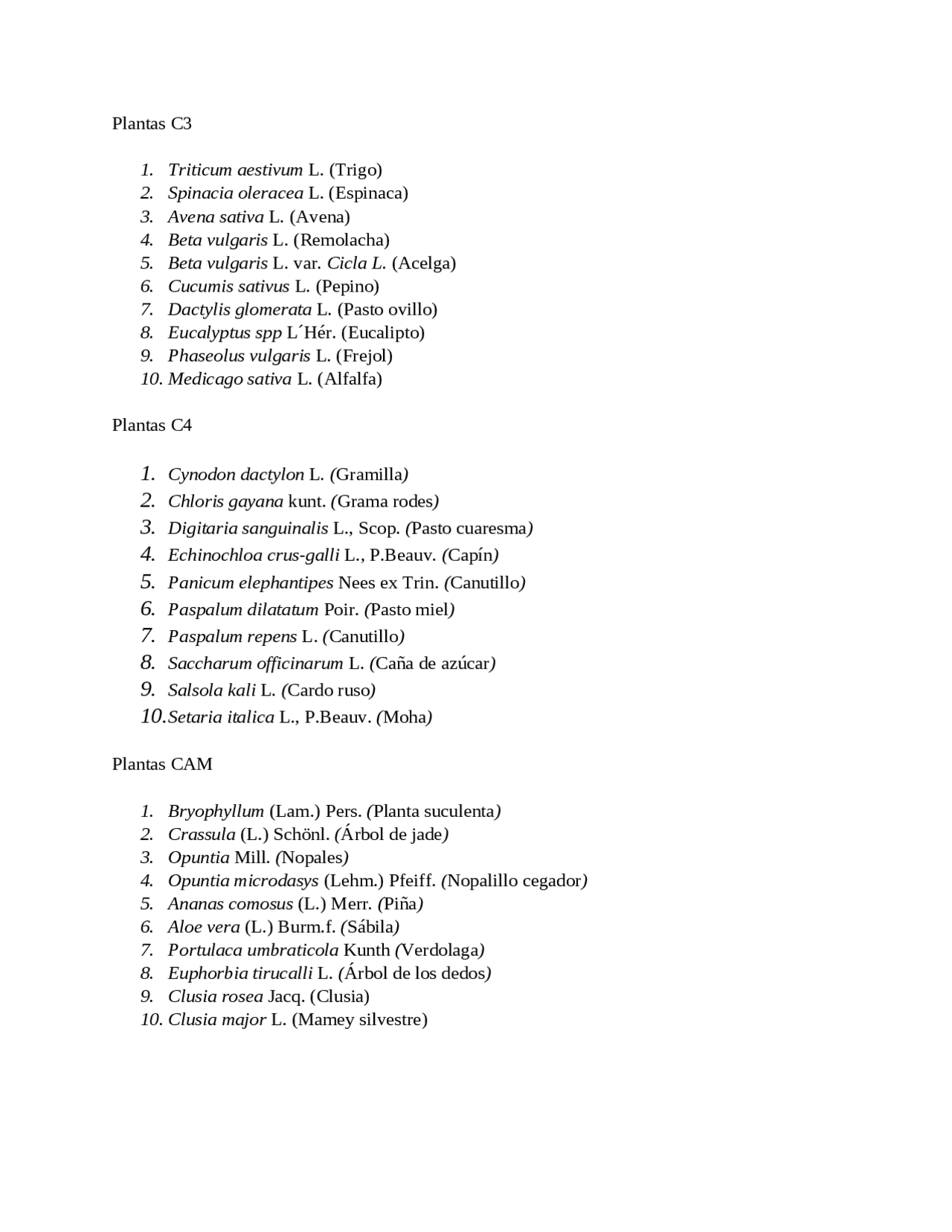 Ejemplos de plantas c3, c4 y cam - Docsity