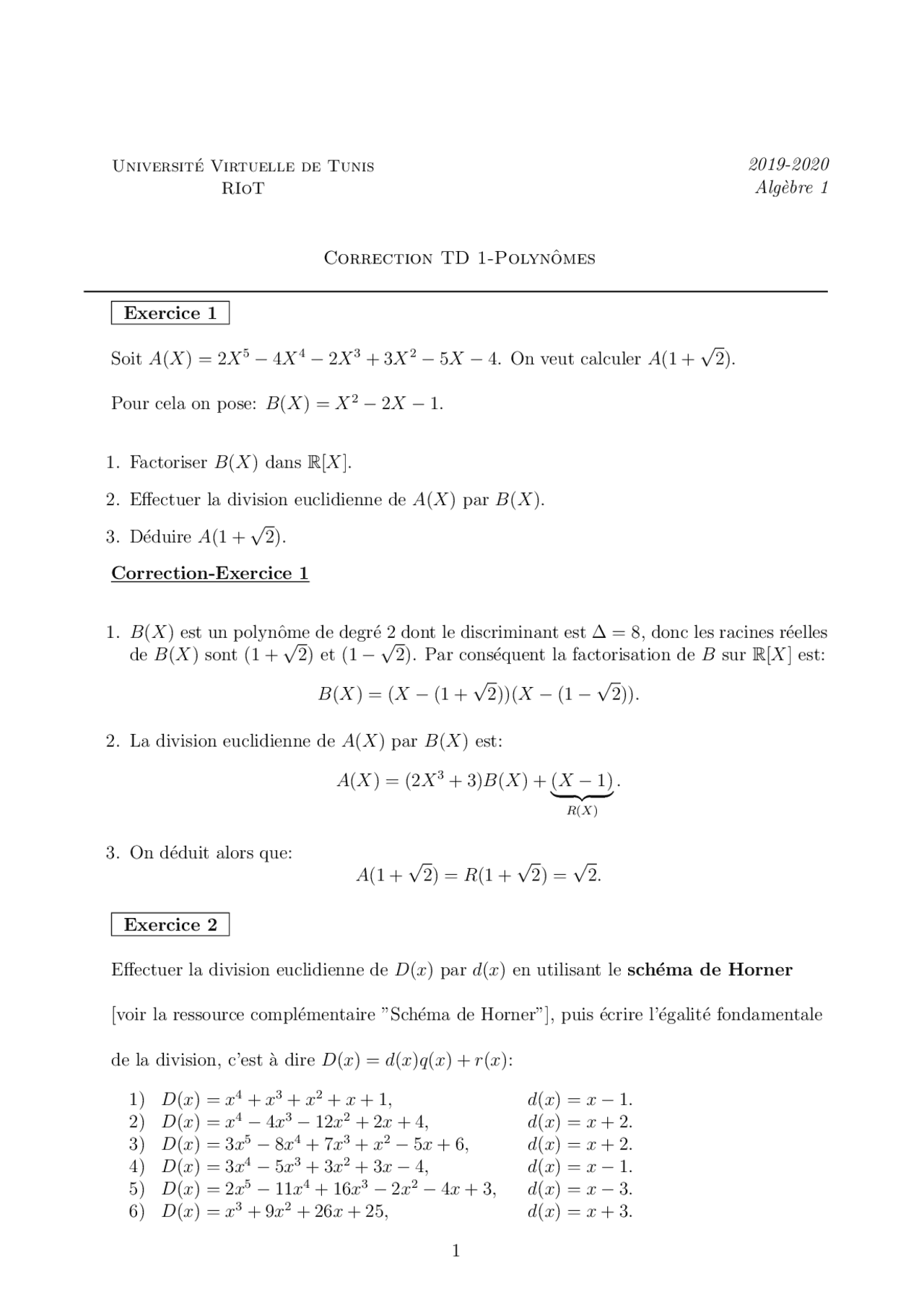 Algebre 1 Correc-TD1-Polynômes | Exercises Algebra | Docsity