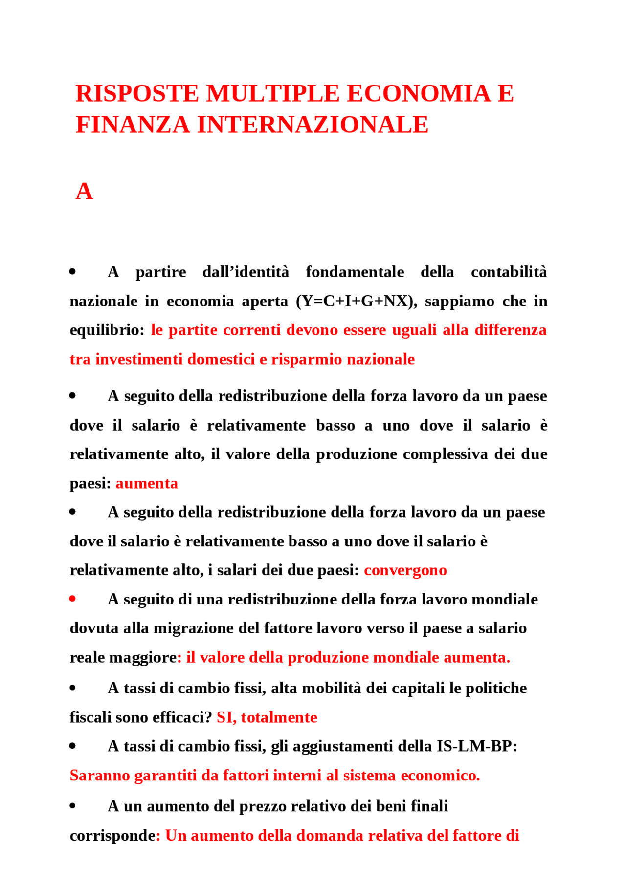 Domande Multiple Con Risp Economia E Finanza Internazionaleeconomia