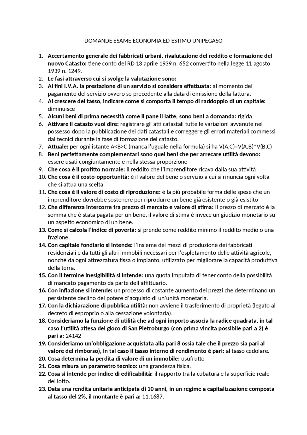 Domande esame Economia ed Estimo - Docsity