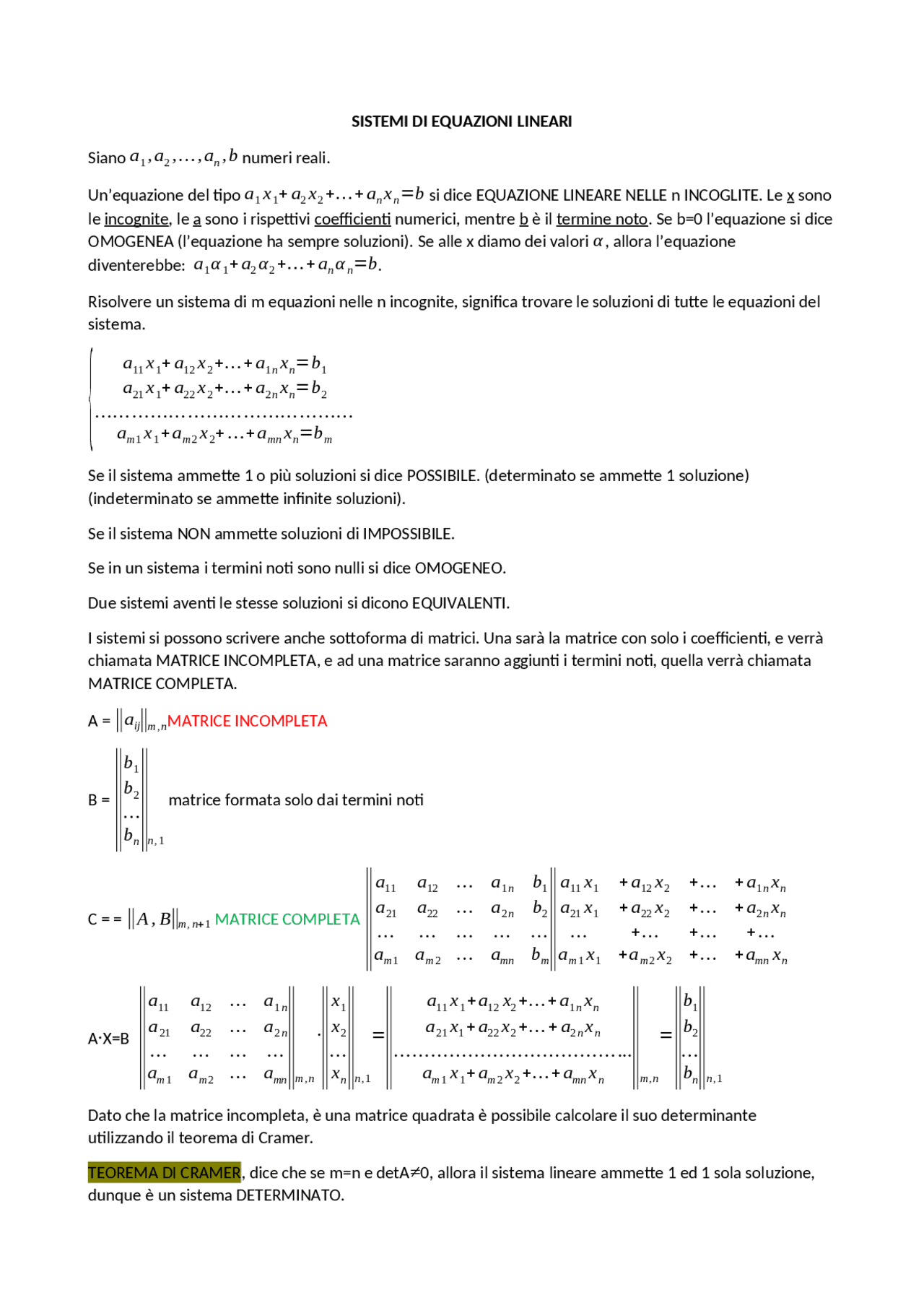Sistemi Di Equazioni Lineari Docsity