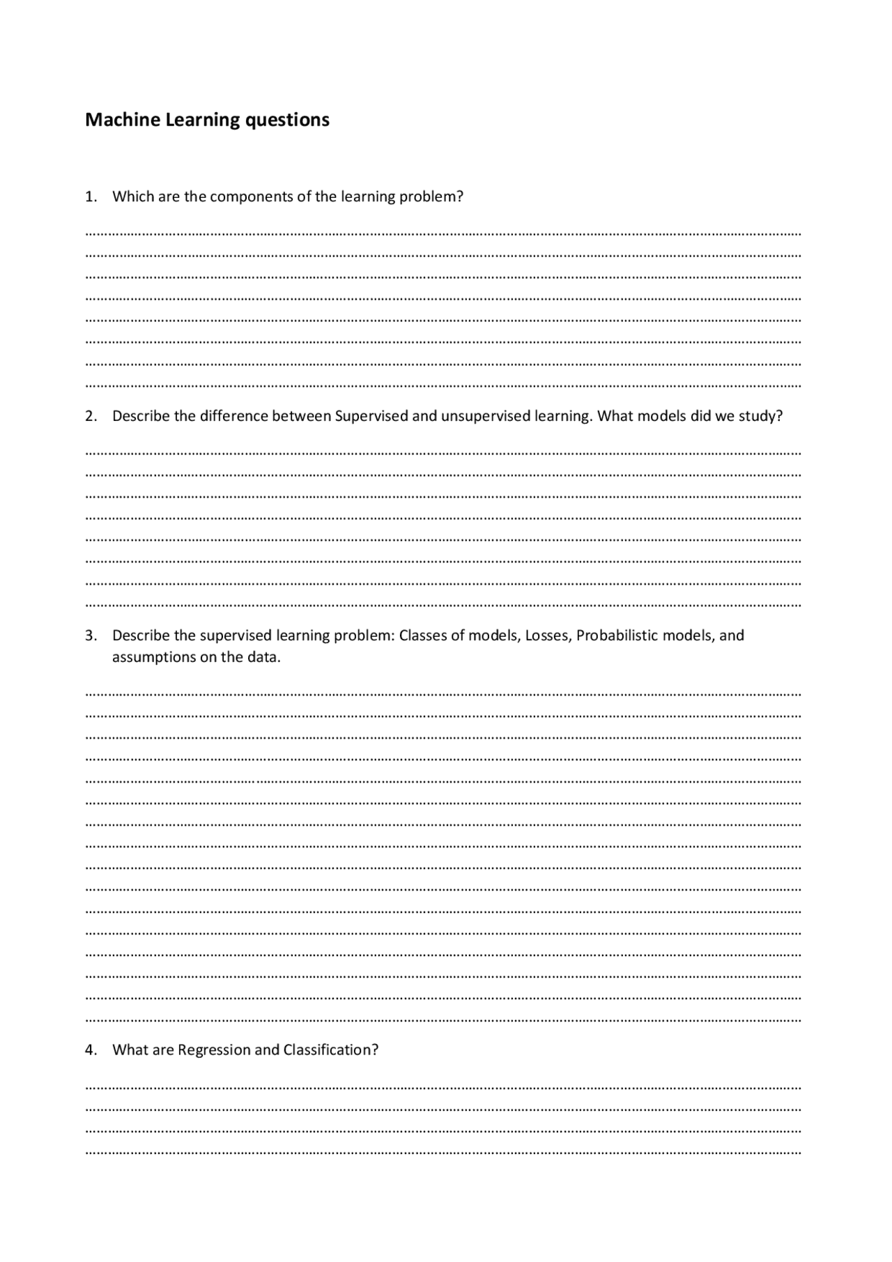 Machine Learning Exercises And Exam Questions Unipd Docsity