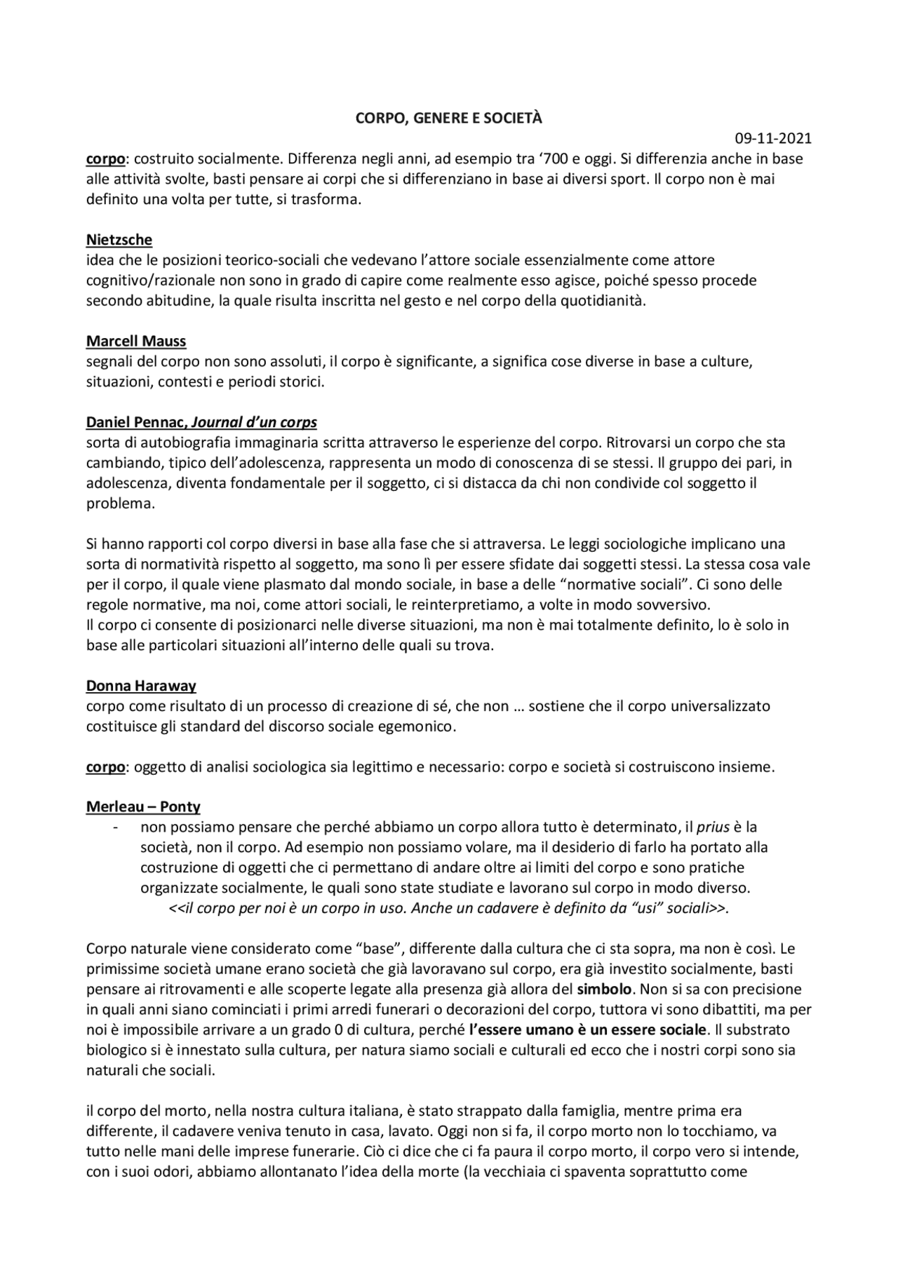 Appunti Delle Lezioni Corpo Genere E Società Docsity