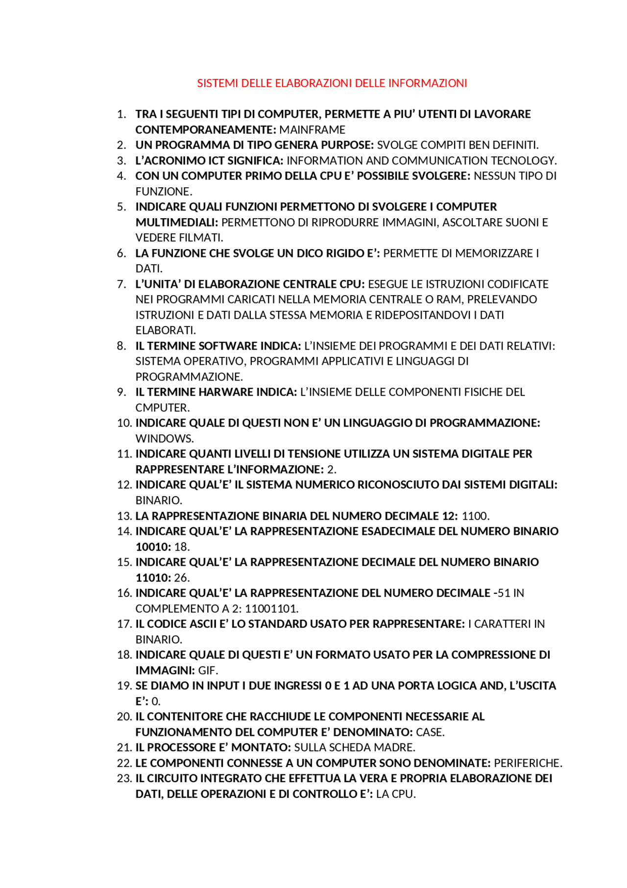 Domande Esame Sistemi Di Elaborazione Delle Informazioni Docsity
