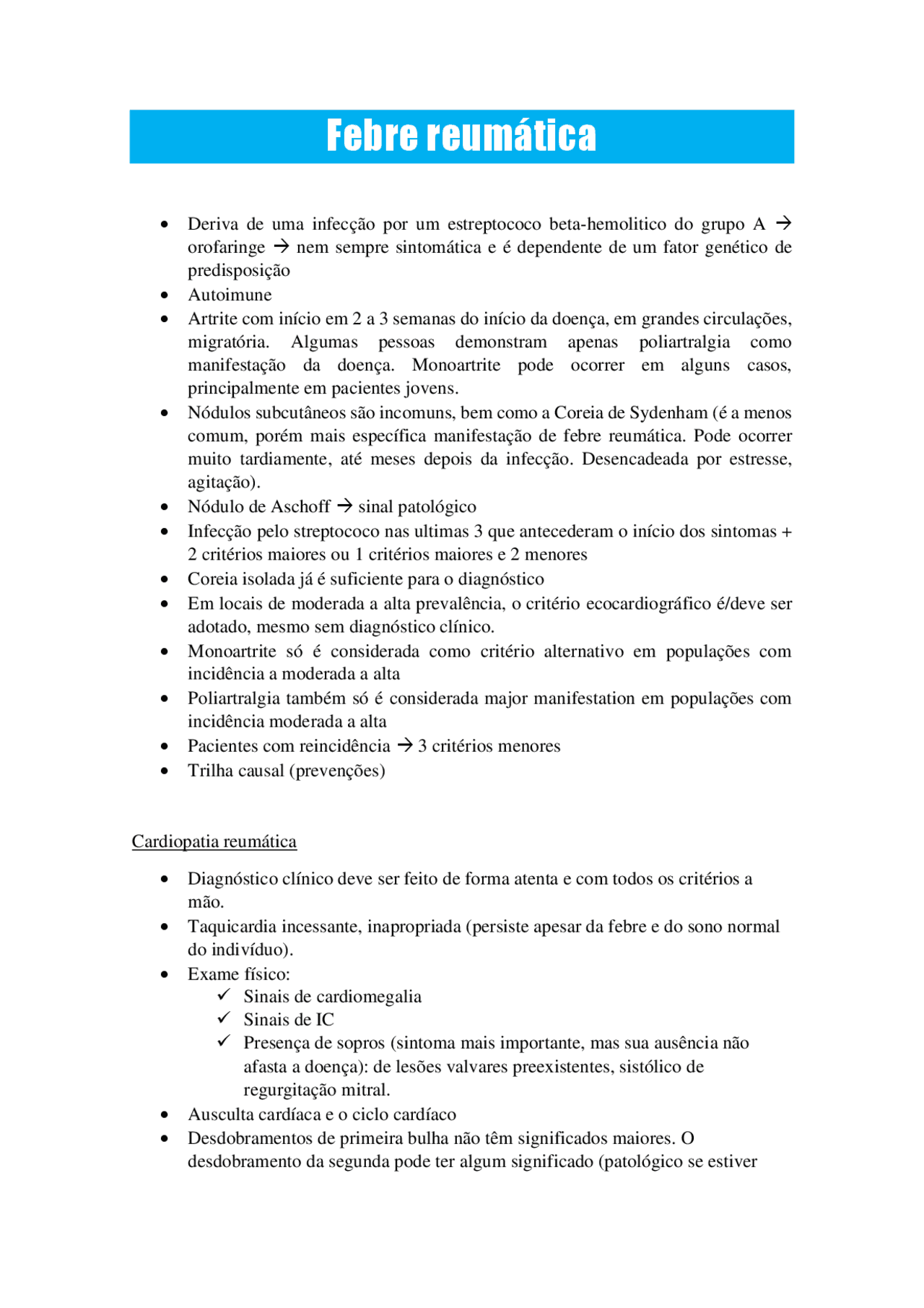 Resumo sobre febre reumática - Docsity